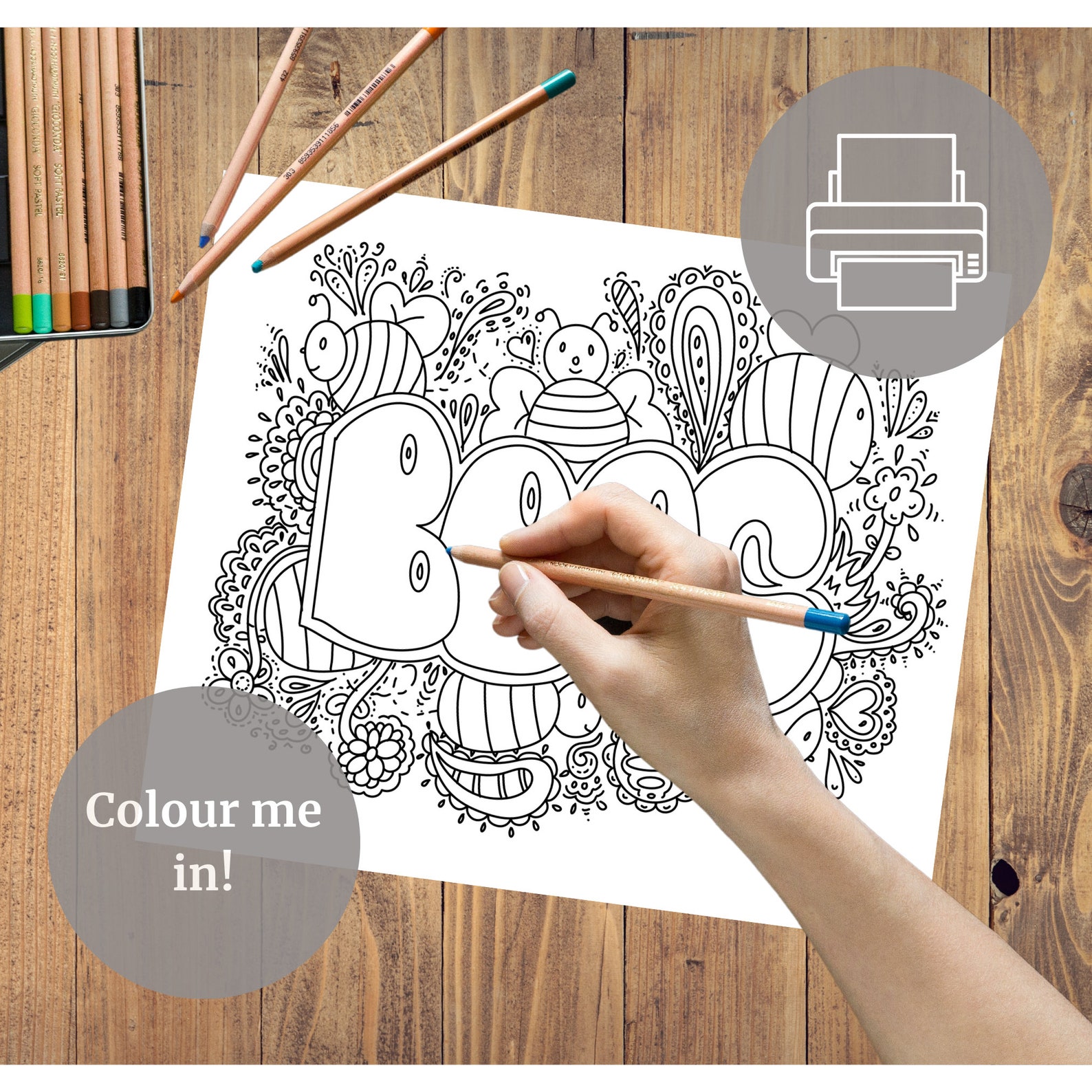 Bees Doodle Black & White PNG Digital Download, Bee Wall Art, Bees Card ...