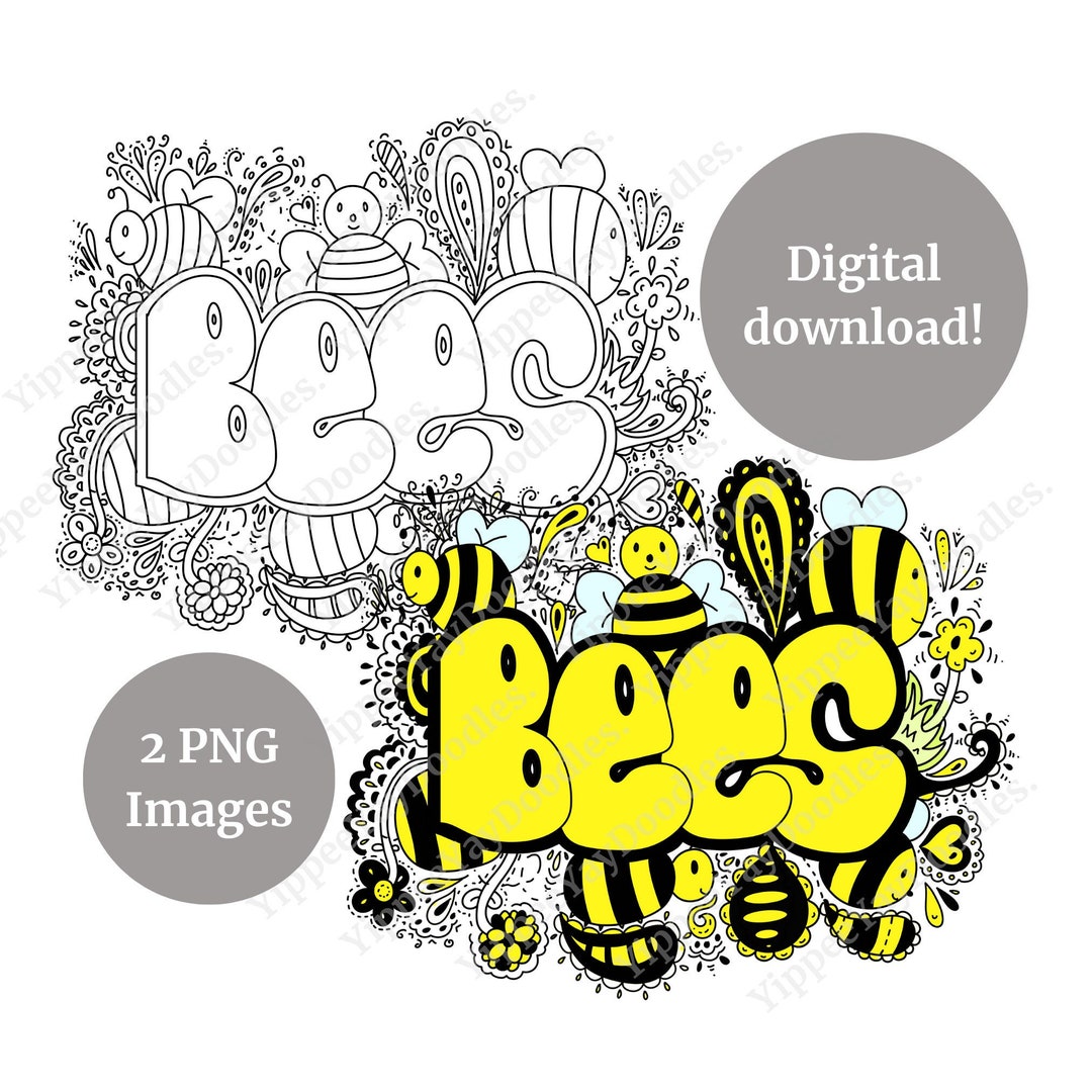 Bees Doodle Bundle: 2 PNG Digital Downloads (1 Yellow/black, 1 White ...