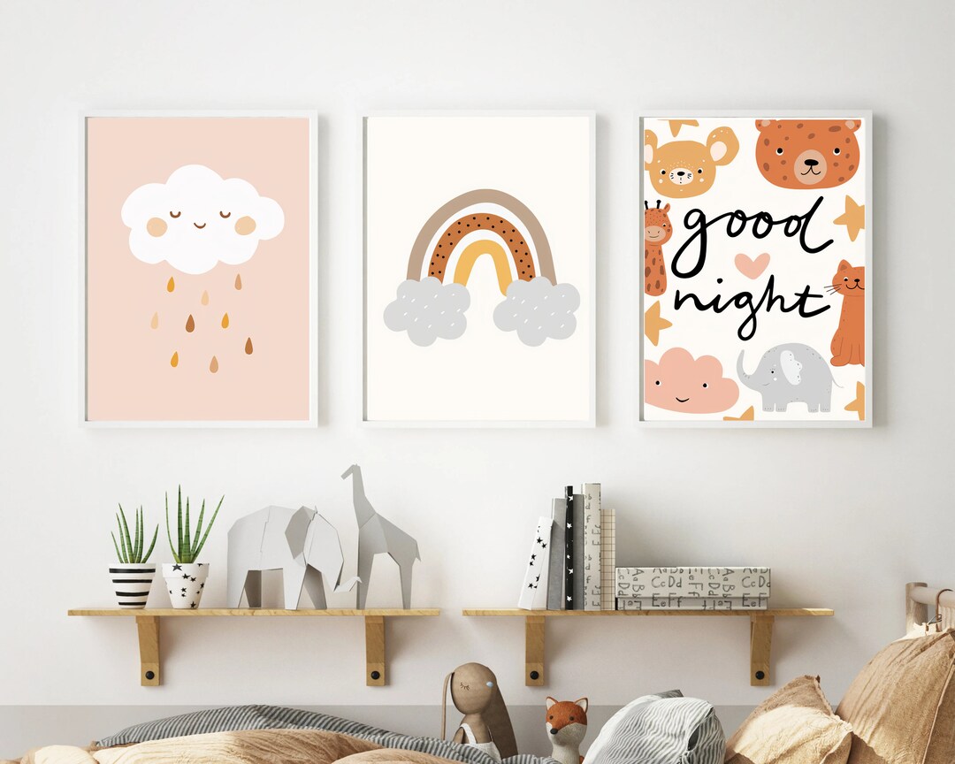 Boho Rainbow Bear Cloud Goodnight Nursery Kids Room Prints Set of 3 ...