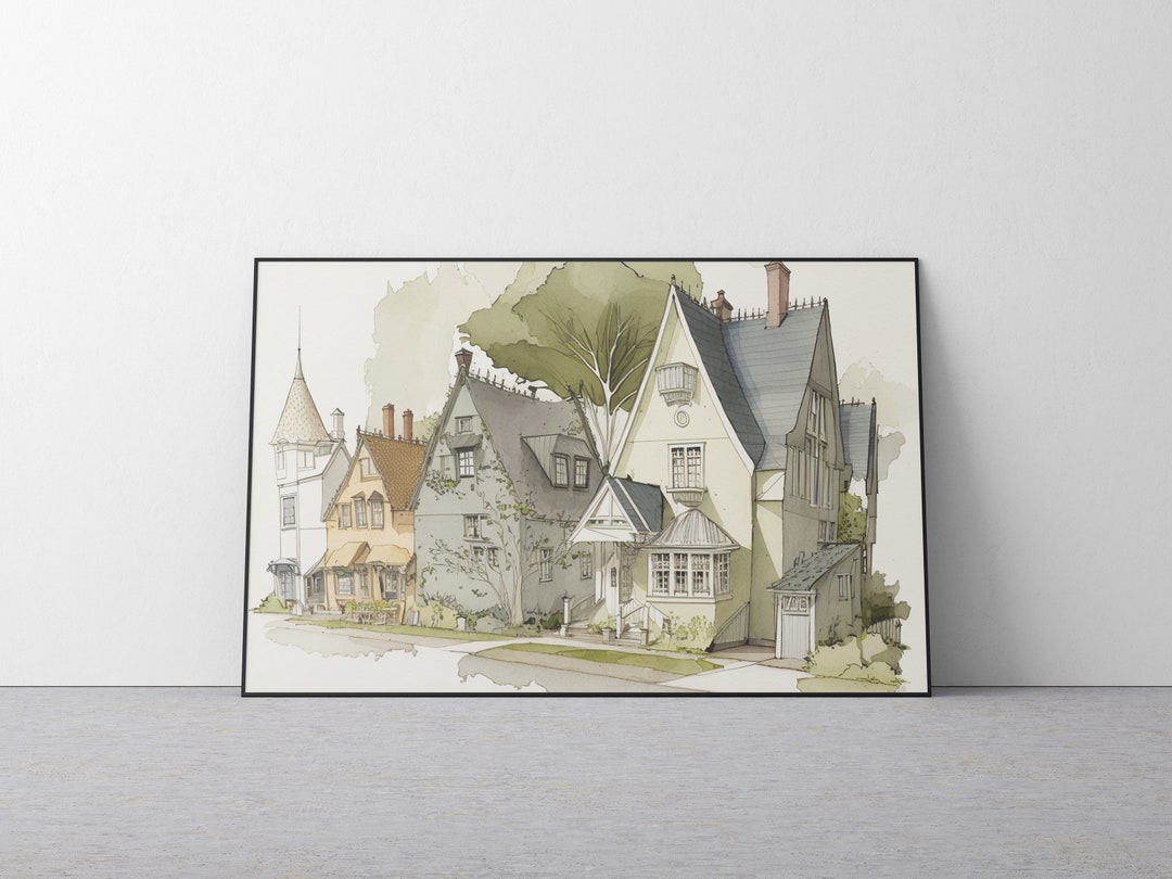 Whimsical Cape Cod Row Houses (landscape, Urban Sketch Printable Decor ...