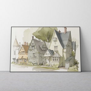 Whimsical Cape Cod Row Houses (landscape, Urban Sketch Printable Decor ...