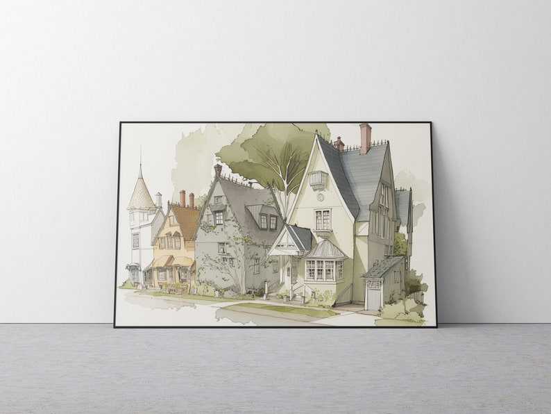 Whimsical Cape Cod Row Houses (landscape, Urban Sketch Printable Decor ...