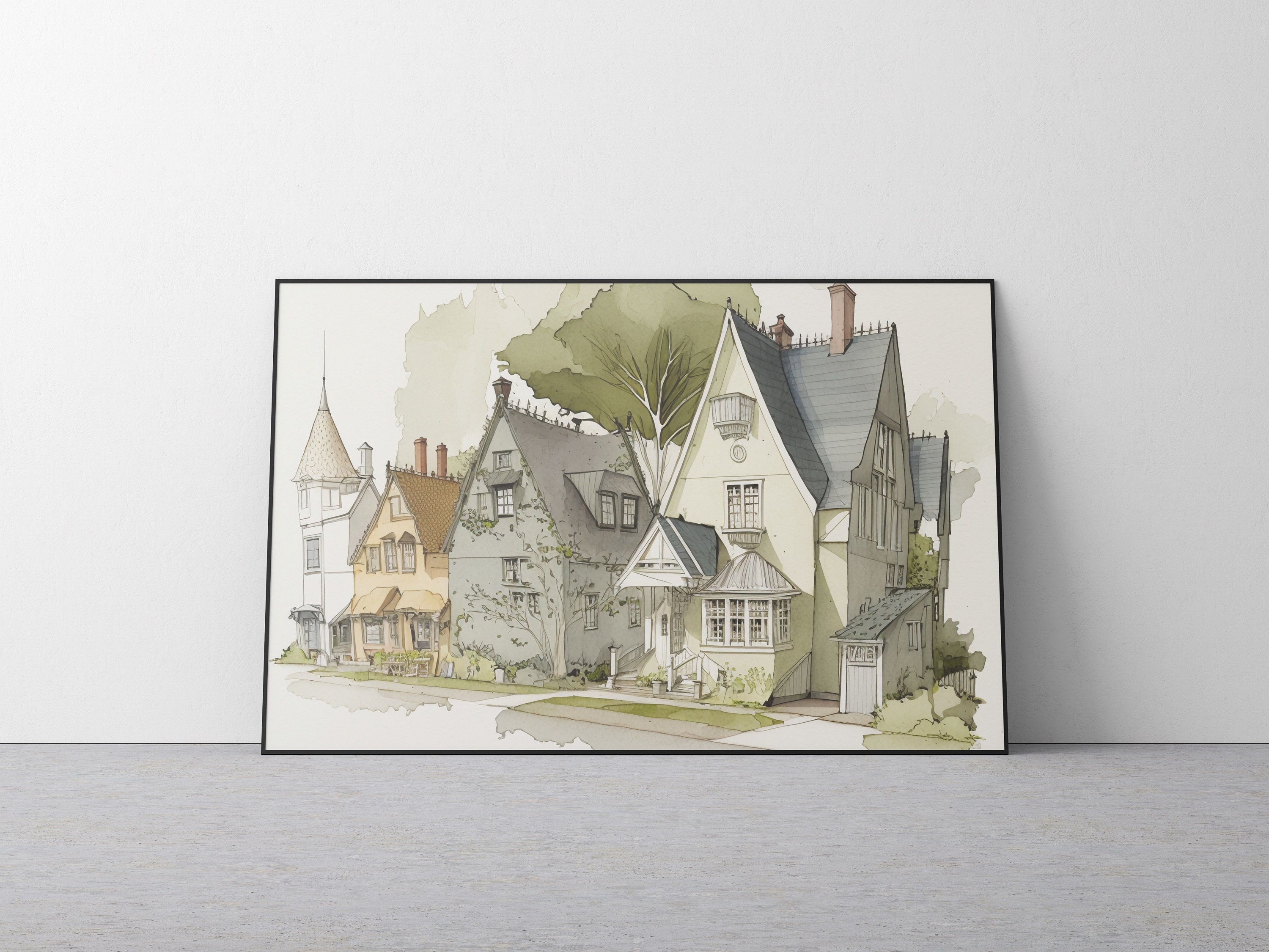 Whimsical Cape Cod Row Houses landscape Urban Sketch - Etsy