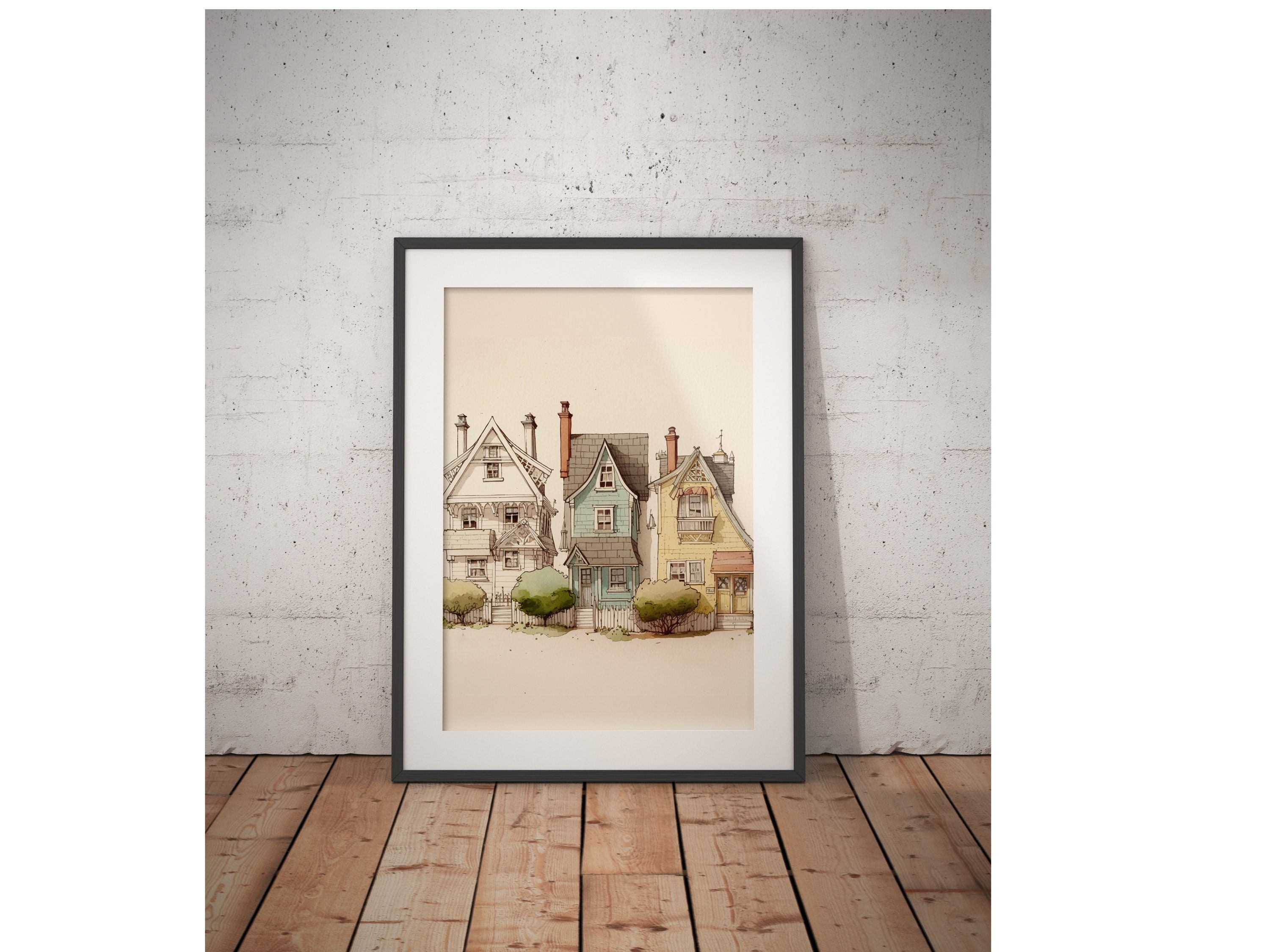 Whimsical Cape Cod Row Houses portrait, Urban Sketch Printable Decor ...
