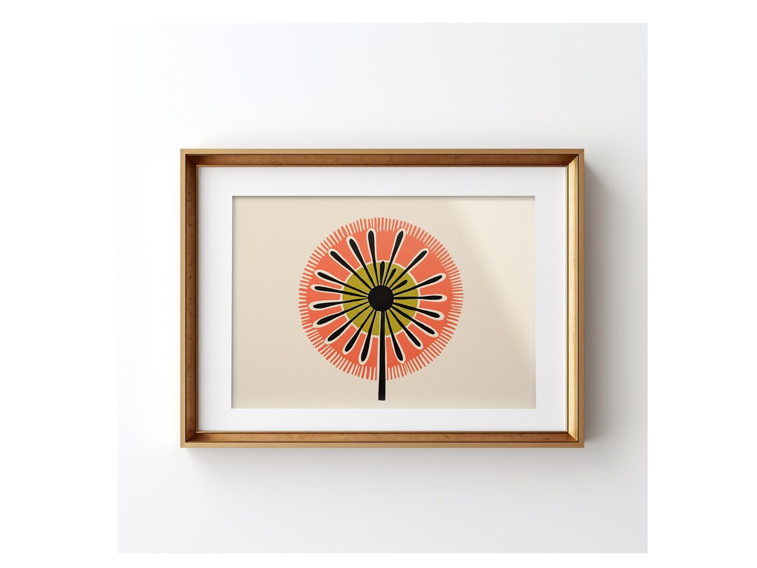 Dandelion Block Print (mid Century Modern Wall Art, Beige, Pink, Orange ...