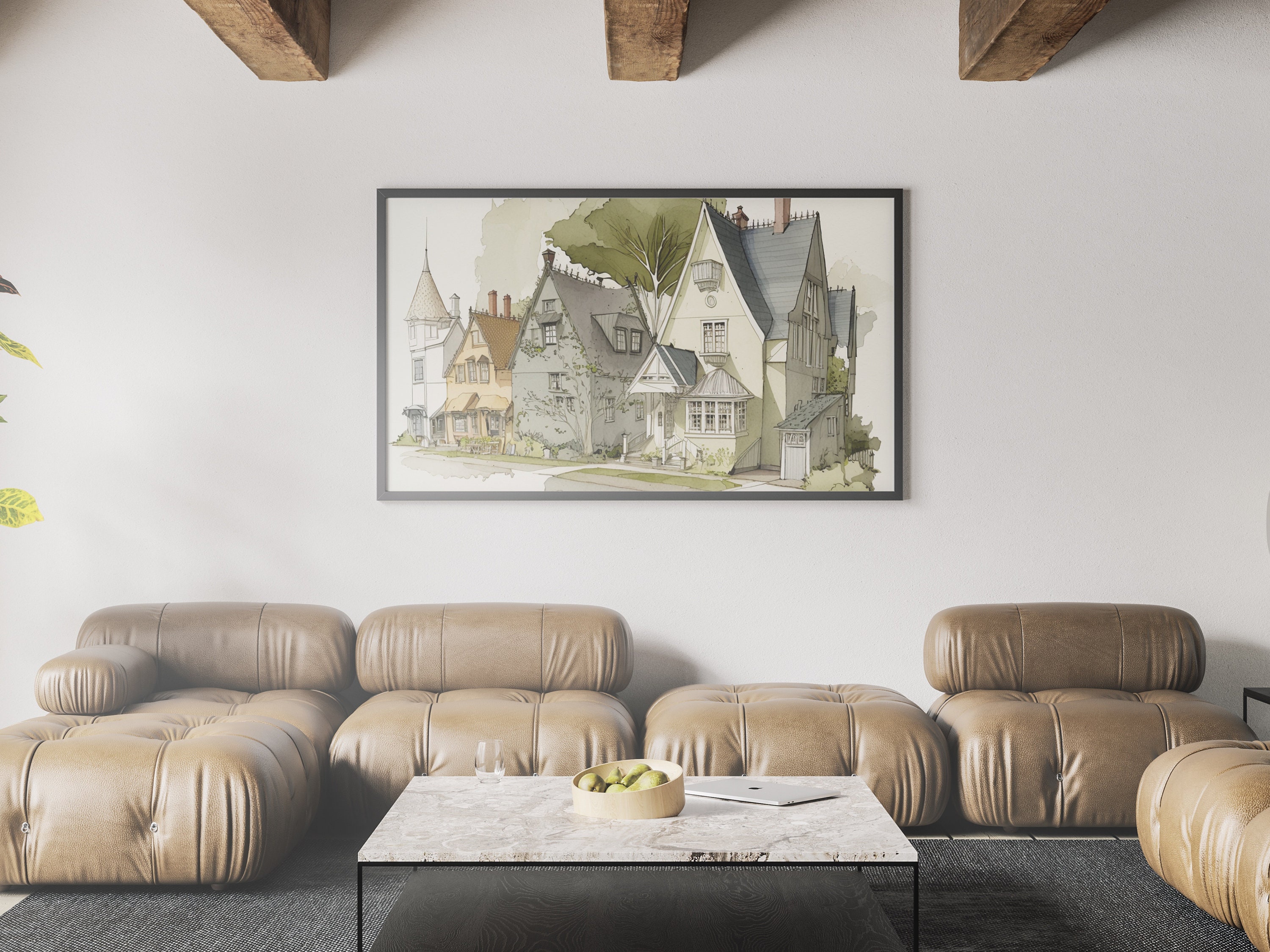 Whimsical Cape Cod Row Houses landscape Urban Sketch - Etsy