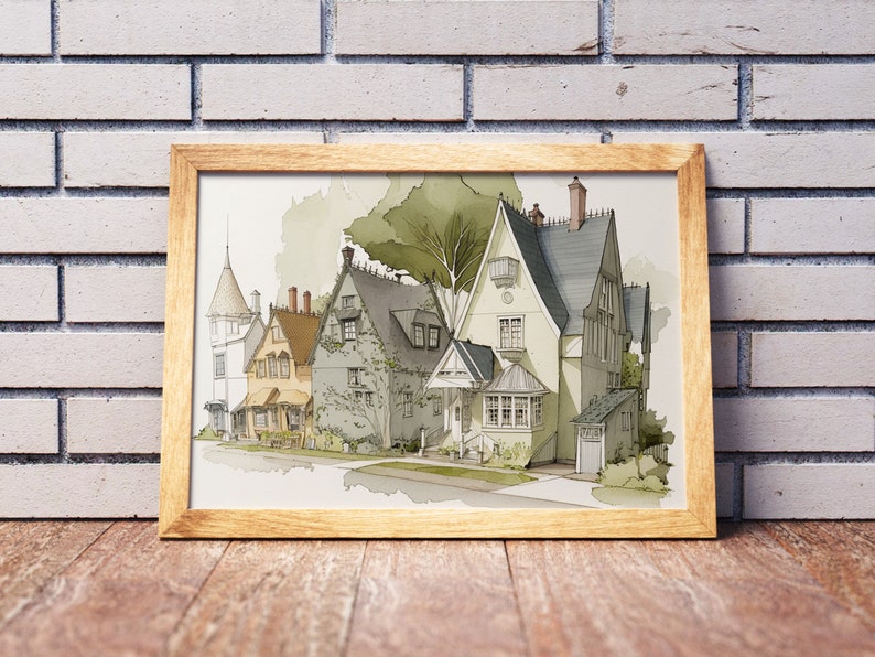 Whimsical Cape Cod Row Houses (landscape, Urban Sketch Printable Decor ...