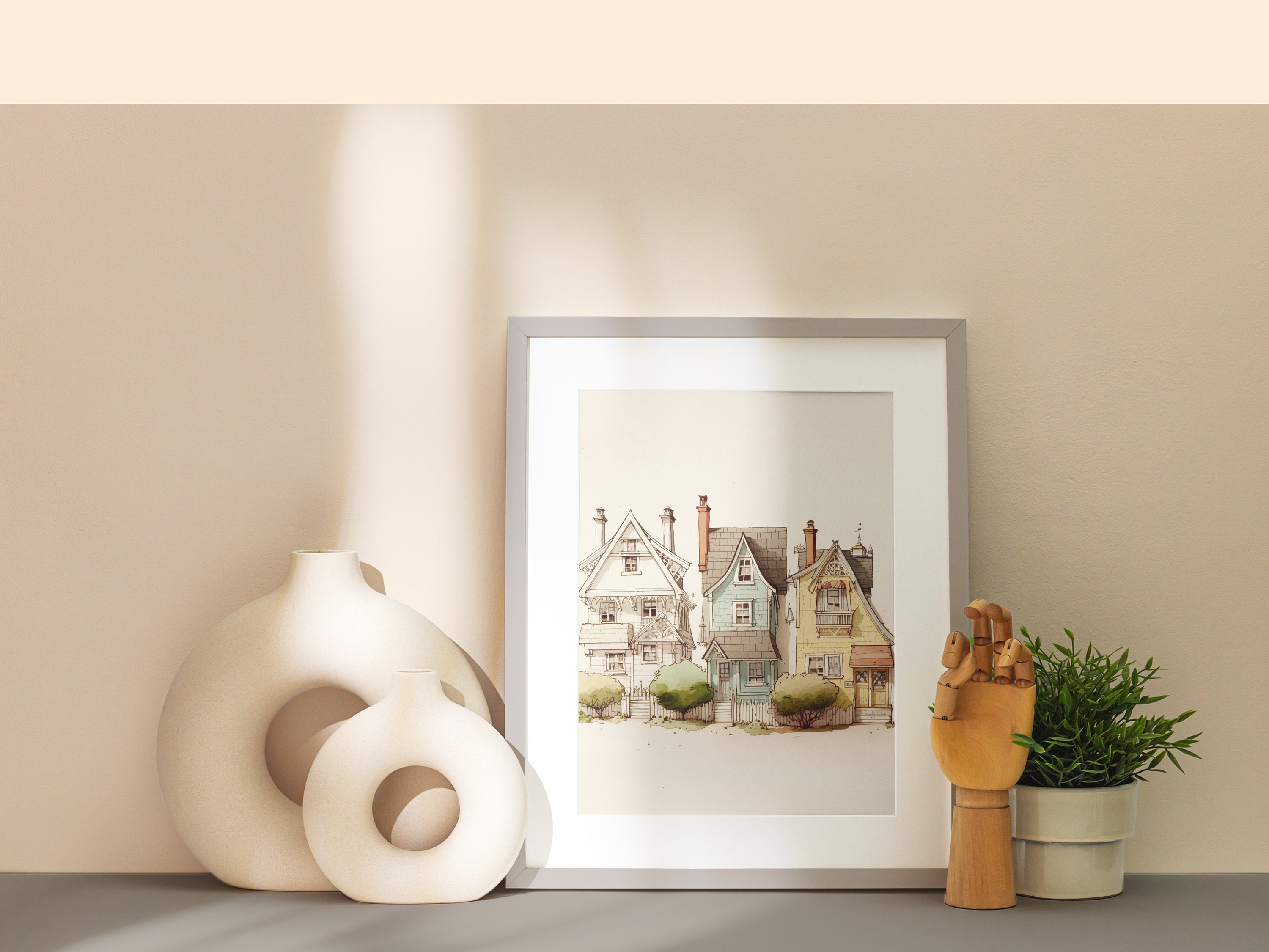 Whimsical Cape Cod Row Houses portrait, Urban Sketch Printable Decor ...