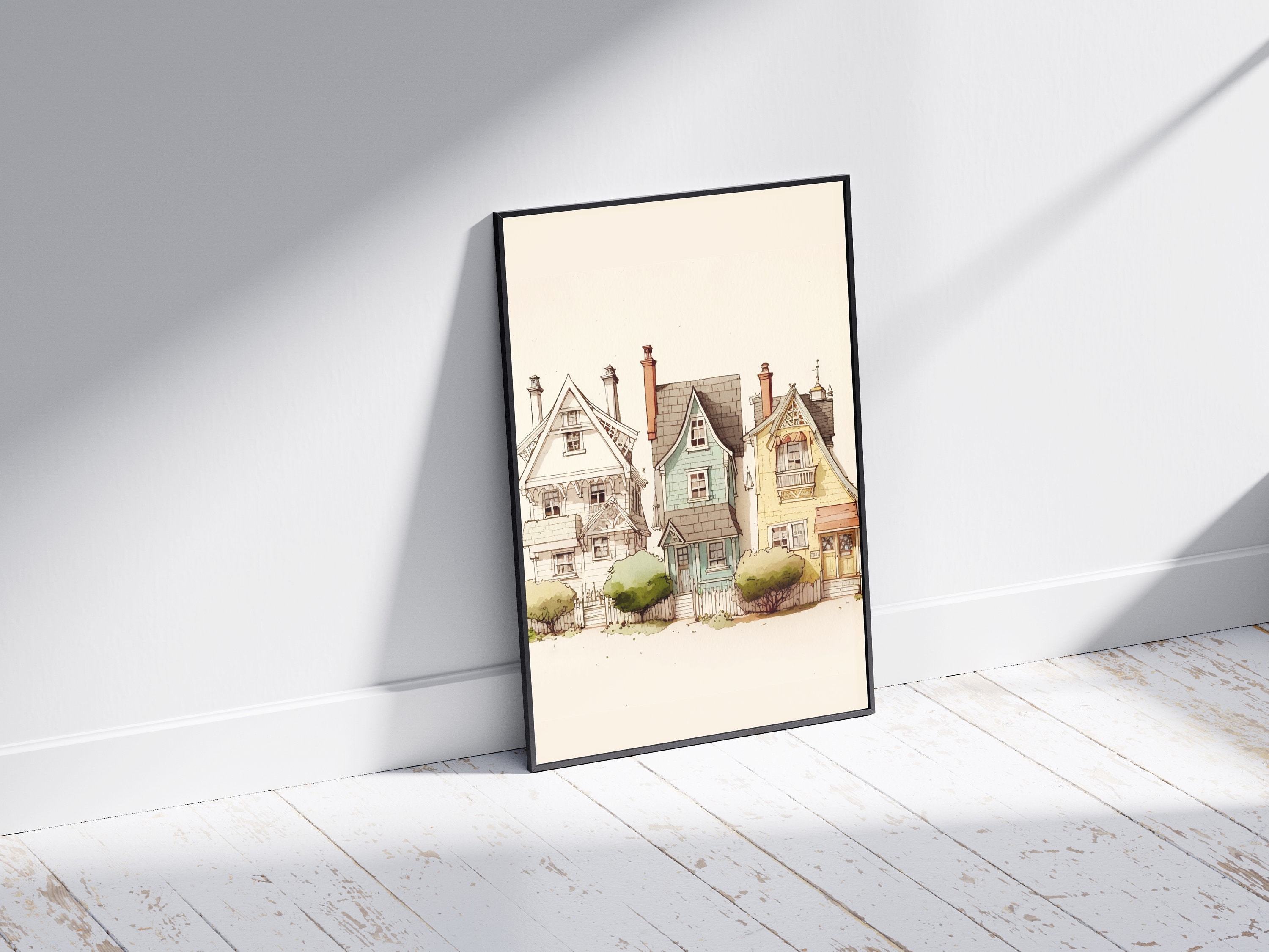 Whimsical Cape Cod Row Houses (portrait, Urban Sketch Printable Decor ...