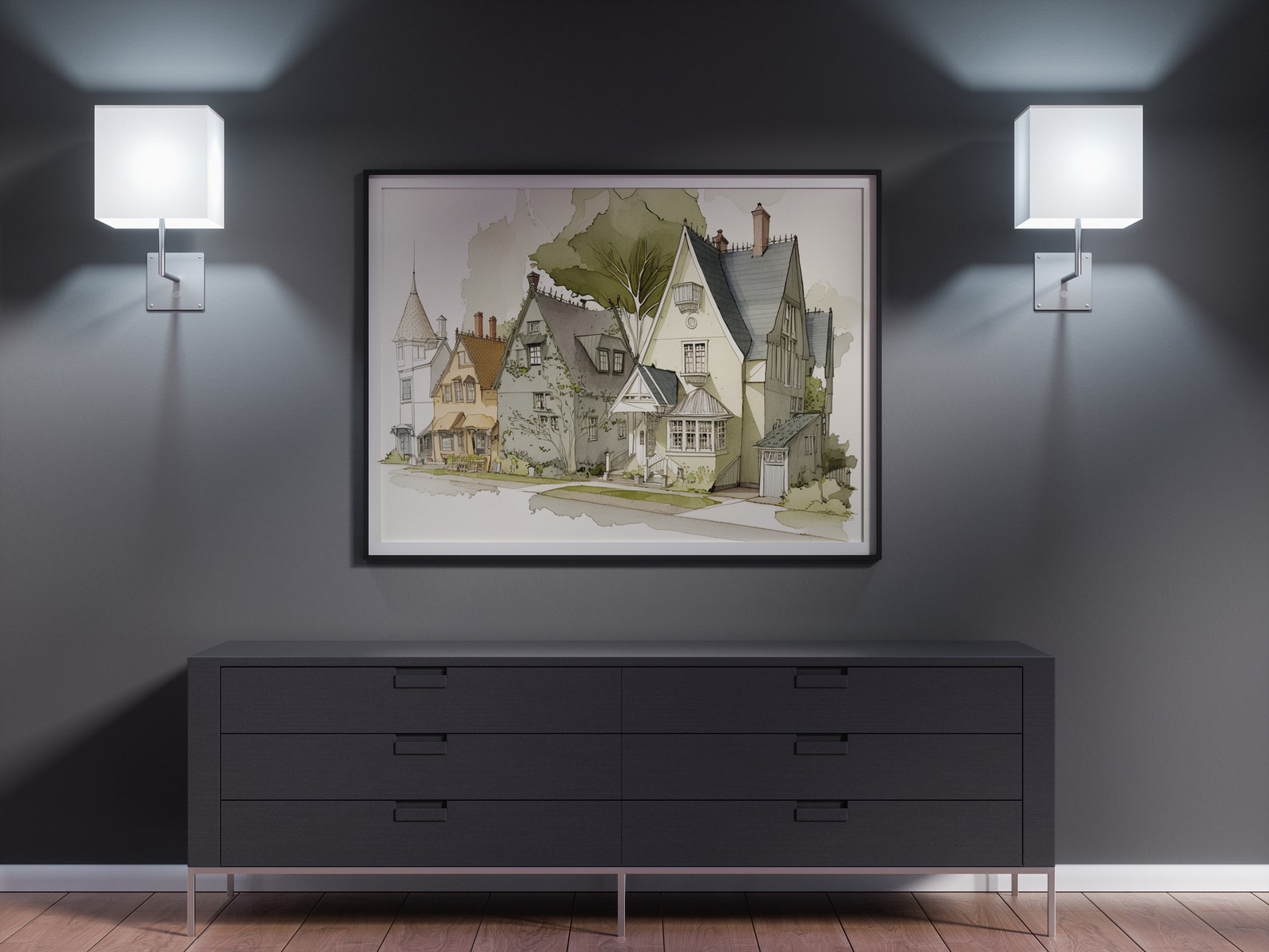 Whimsical Cape Cod Row Houses (landscape, Urban Sketch Printable Decor ...