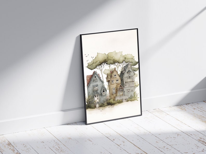 Whimsical Cape Cod Row Houses portrait, Urban Sketch Printable Decor ...