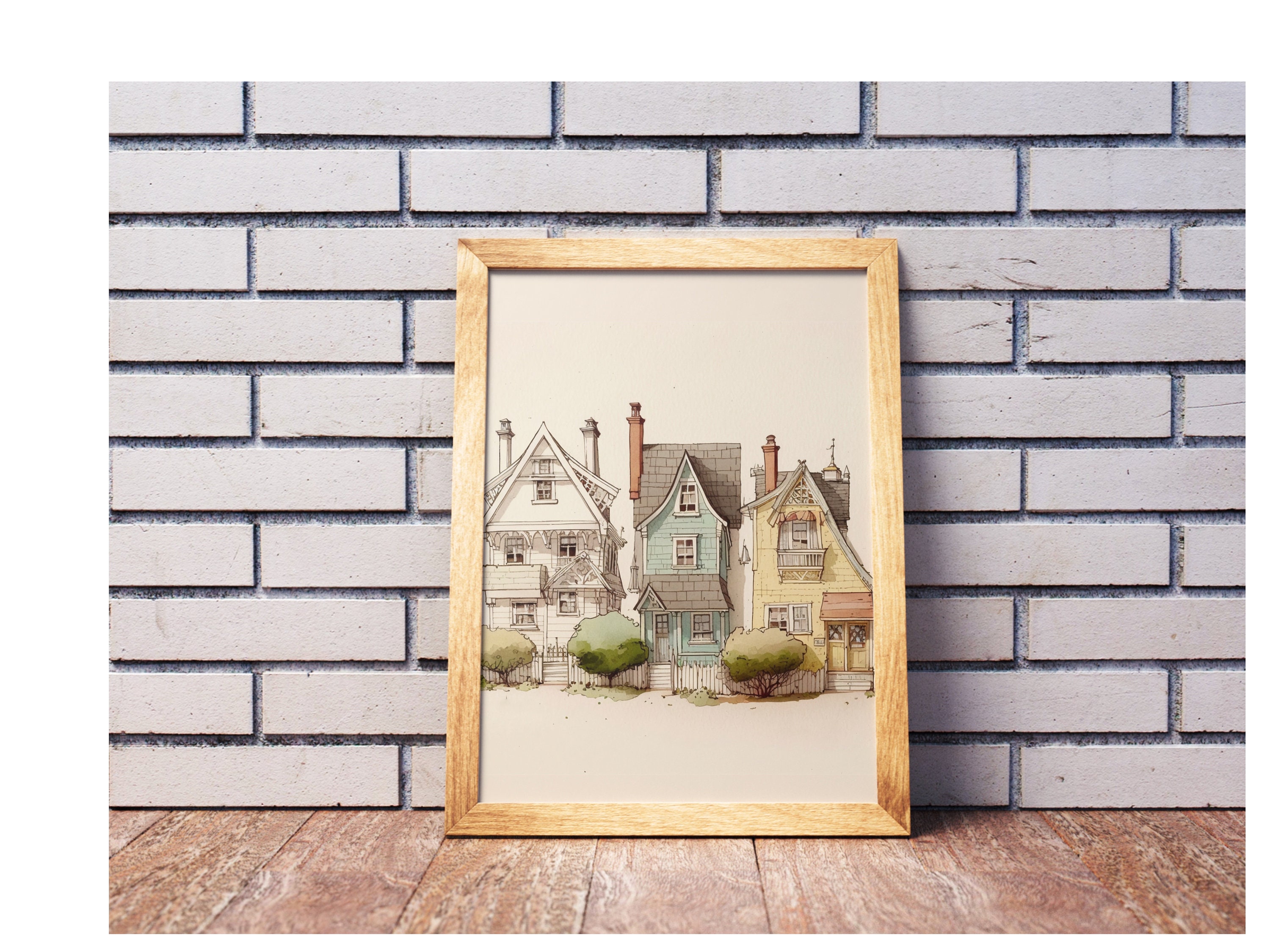 Whimsical Cape Cod Row Houses portrait, Urban Sketch Printable Decor ...