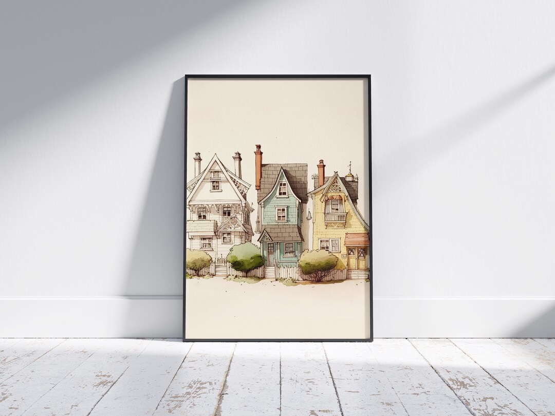 Whimsical Cape Cod Row Houses portrait, Urban Sketch Printable Decor ...