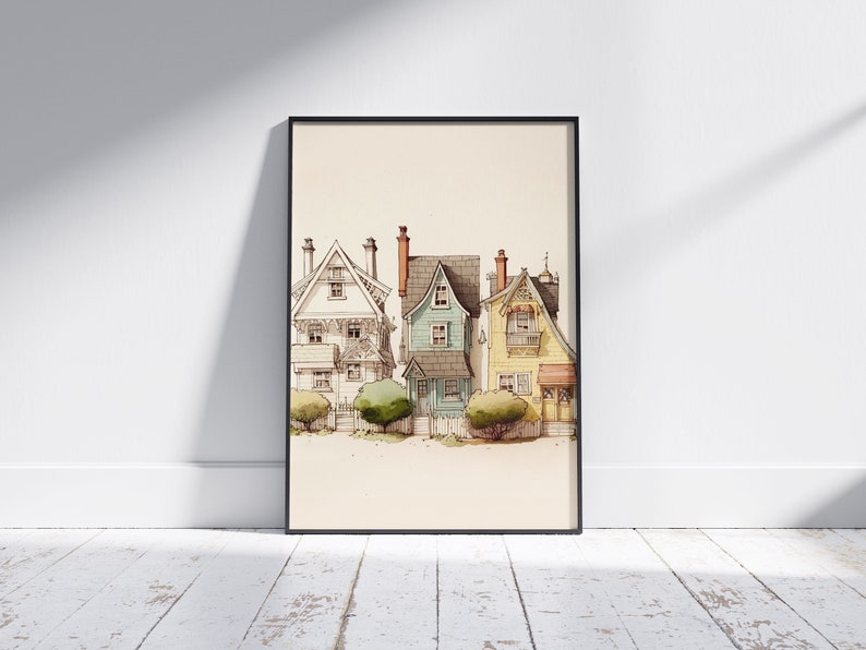 Whimsical Cape Cod Row Houses portrait, Urban Sketch Printable Decor ...