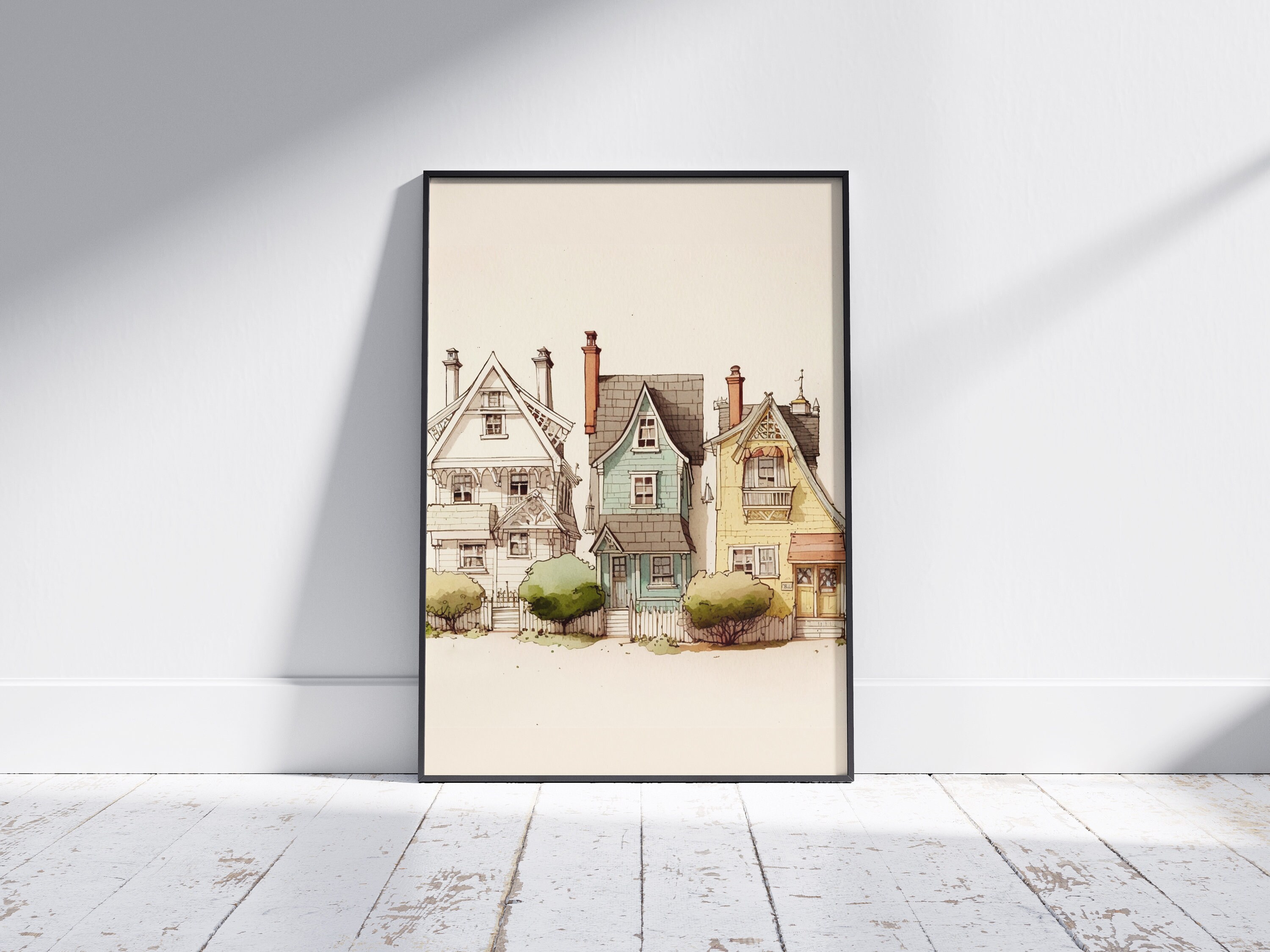 Whimsical Cape Cod Row Houses (portrait, Urban Sketch Printable Decor ...