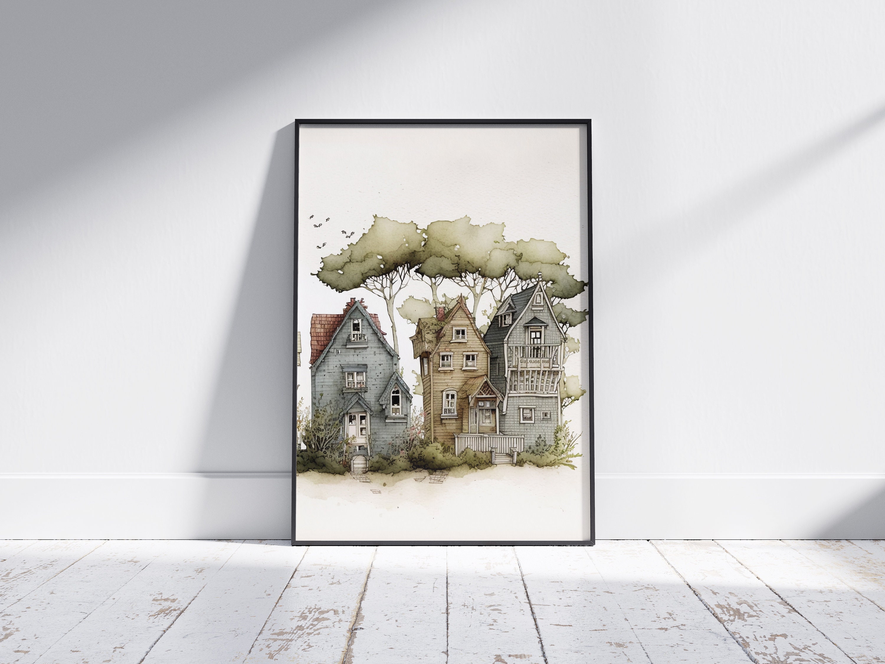 Whimsical Cape Cod Row Houses portrait, Urban Sketch Printable Decor ...