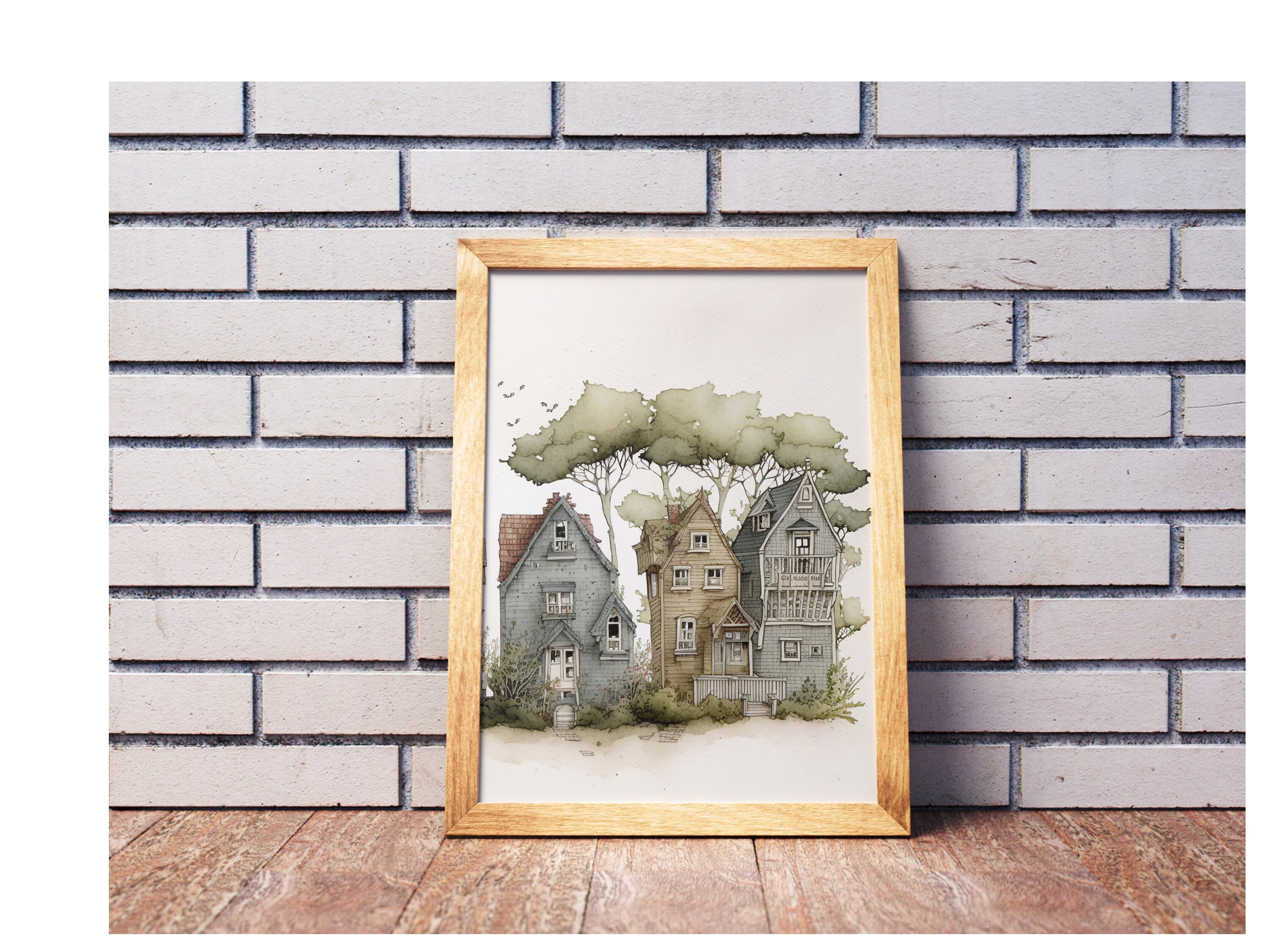 Whimsical Cape Cod Row Houses portrait, Urban Sketch Printable Decor ...