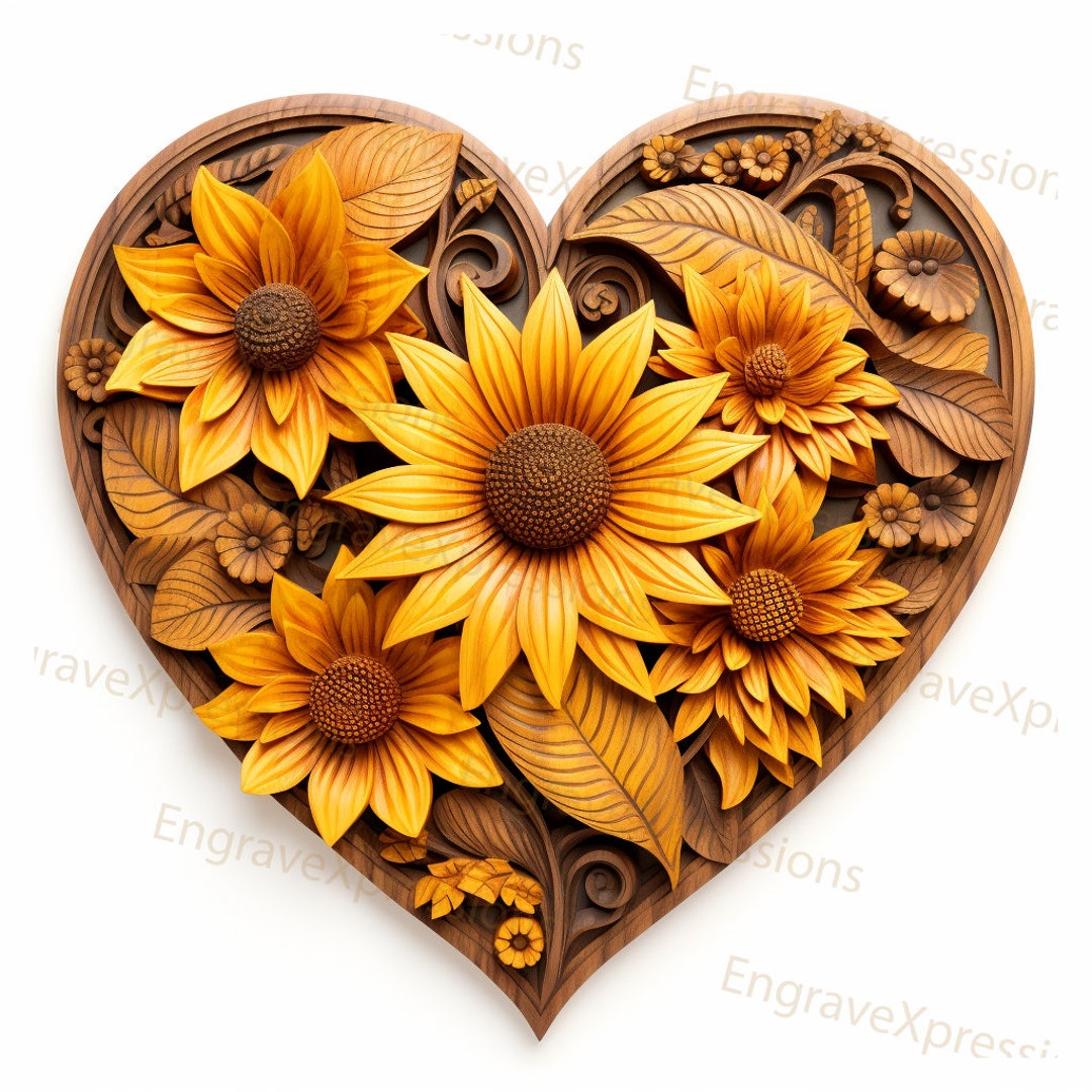 Sunflower Heart , Wedding Valentine’s Day, Laser Burn Engrave PNG Files ...