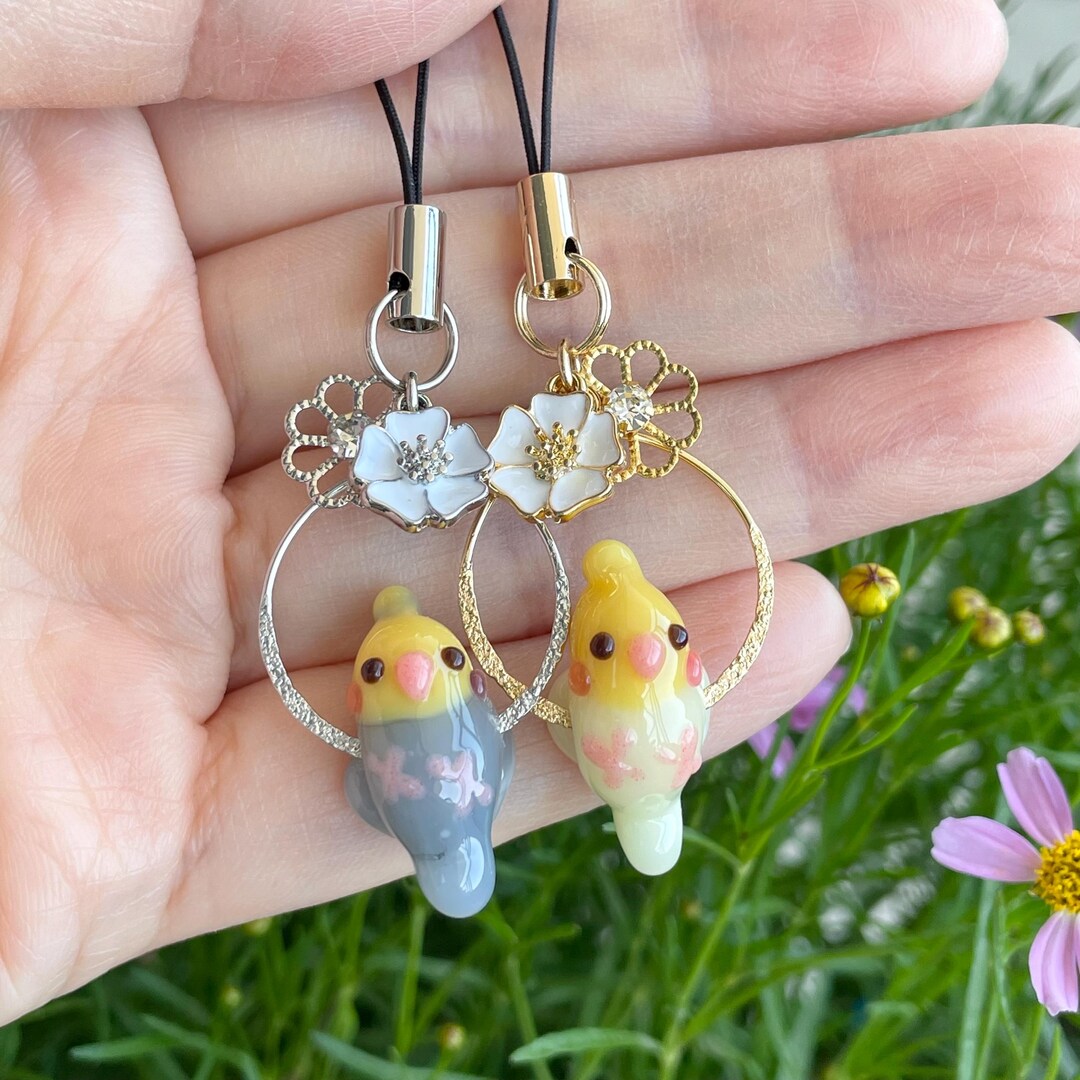 Cockatiel Glass Bead Phone Strap Charm / Keychains, Tiny Cute Parrot ...