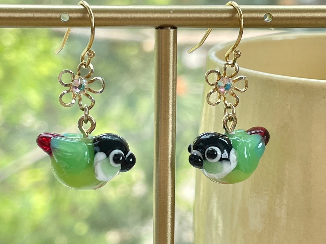 Green Cheek Conure Earrings: Tiny Handmade Lampwork Glass Miniature ...