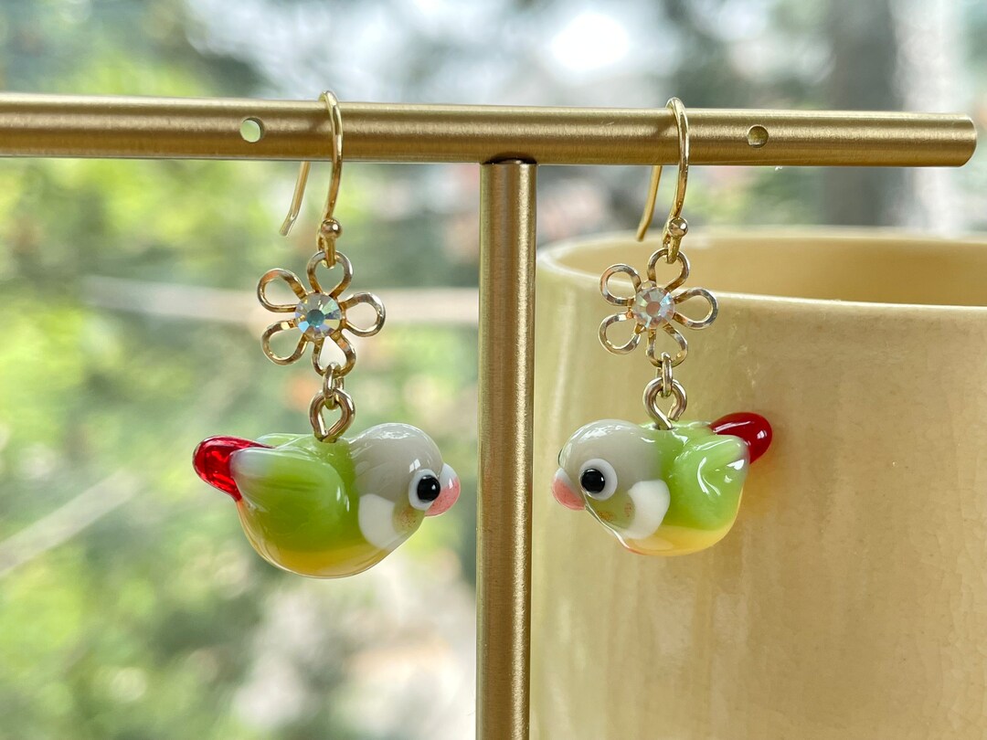 Lampwork Pineapple Green Cheek Conure Earrings: Miniature Parrot ...