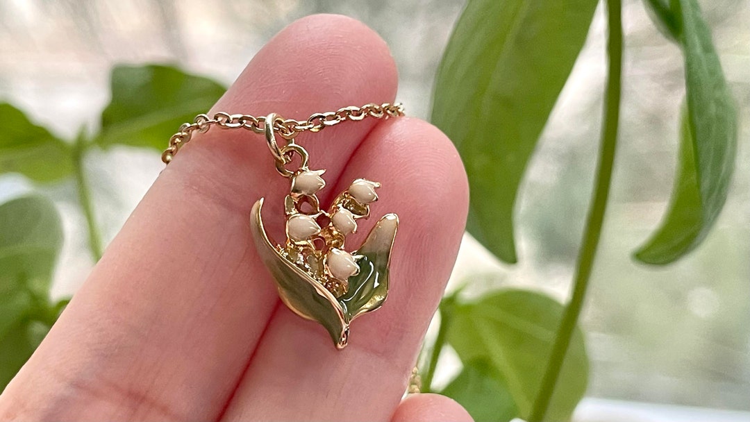 Lily of the Valley Necklace, Tiny Gold Plated Ivory Enamel Bell Shaped ...