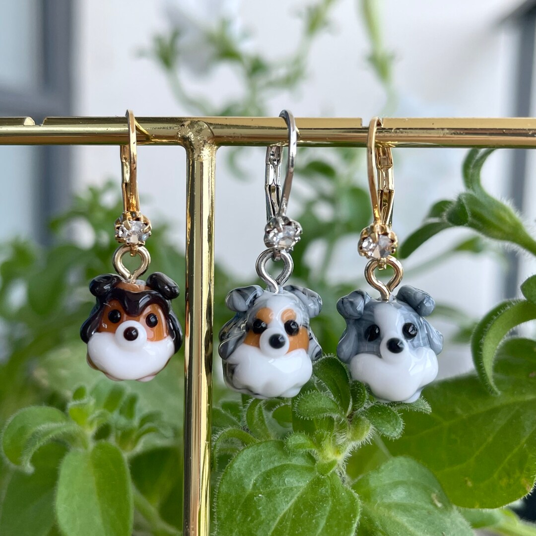 Sheltie Lever Back Earrings, Tiny, Gold / Silver Plated, Handmade Glass ...