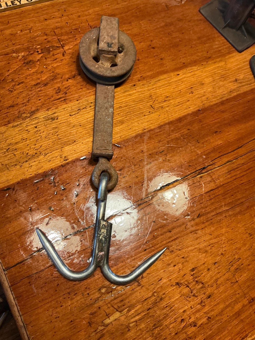 Old butcher shop rolling meat hook double hook in great shape ships ...