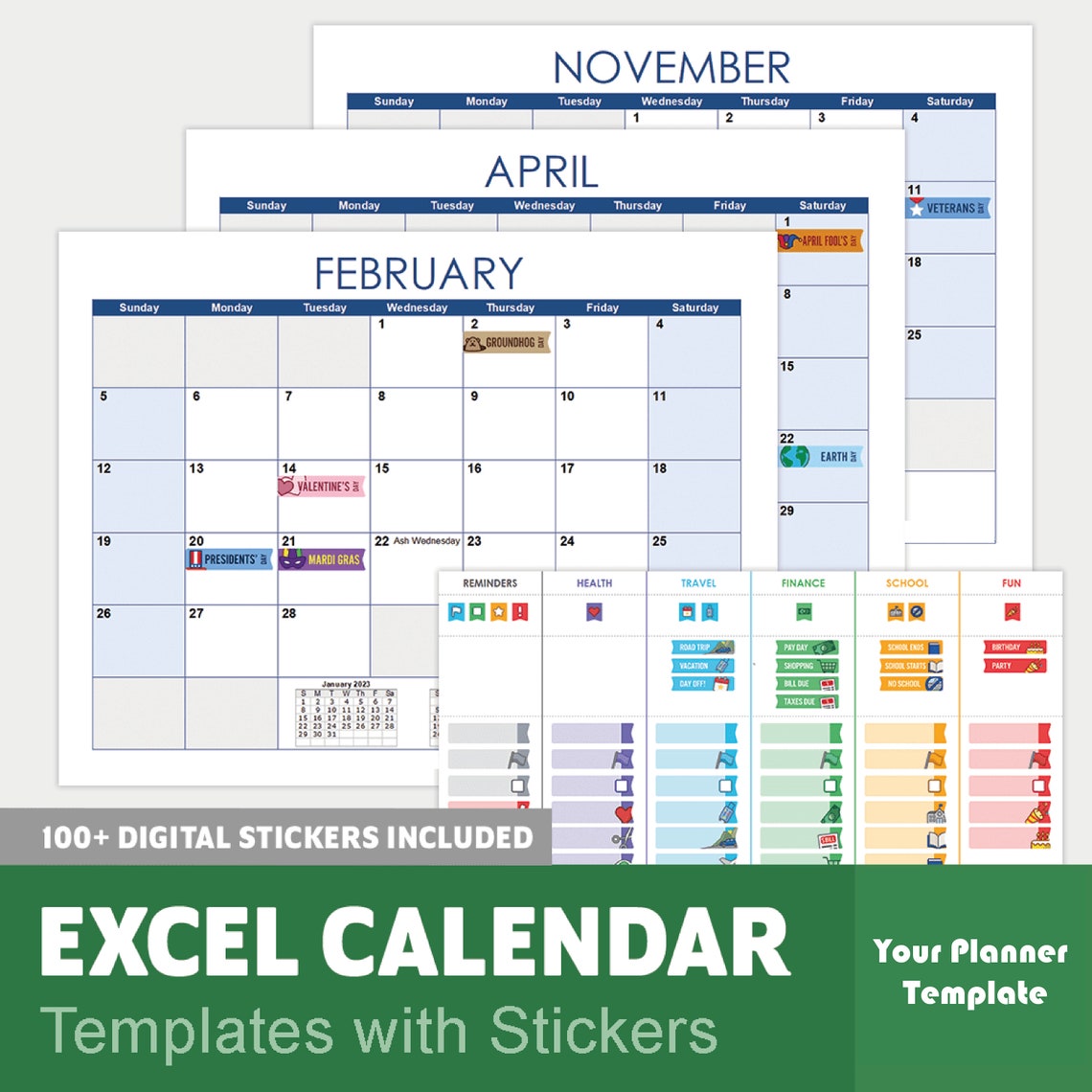 Over 100 Digital Calendar Stickers and Planner Stickers, Shown for ...