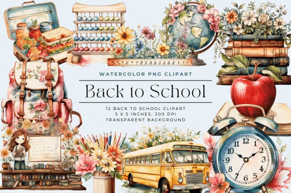 Watercolor School Clipart Painted Back to School Clipart - Etsy