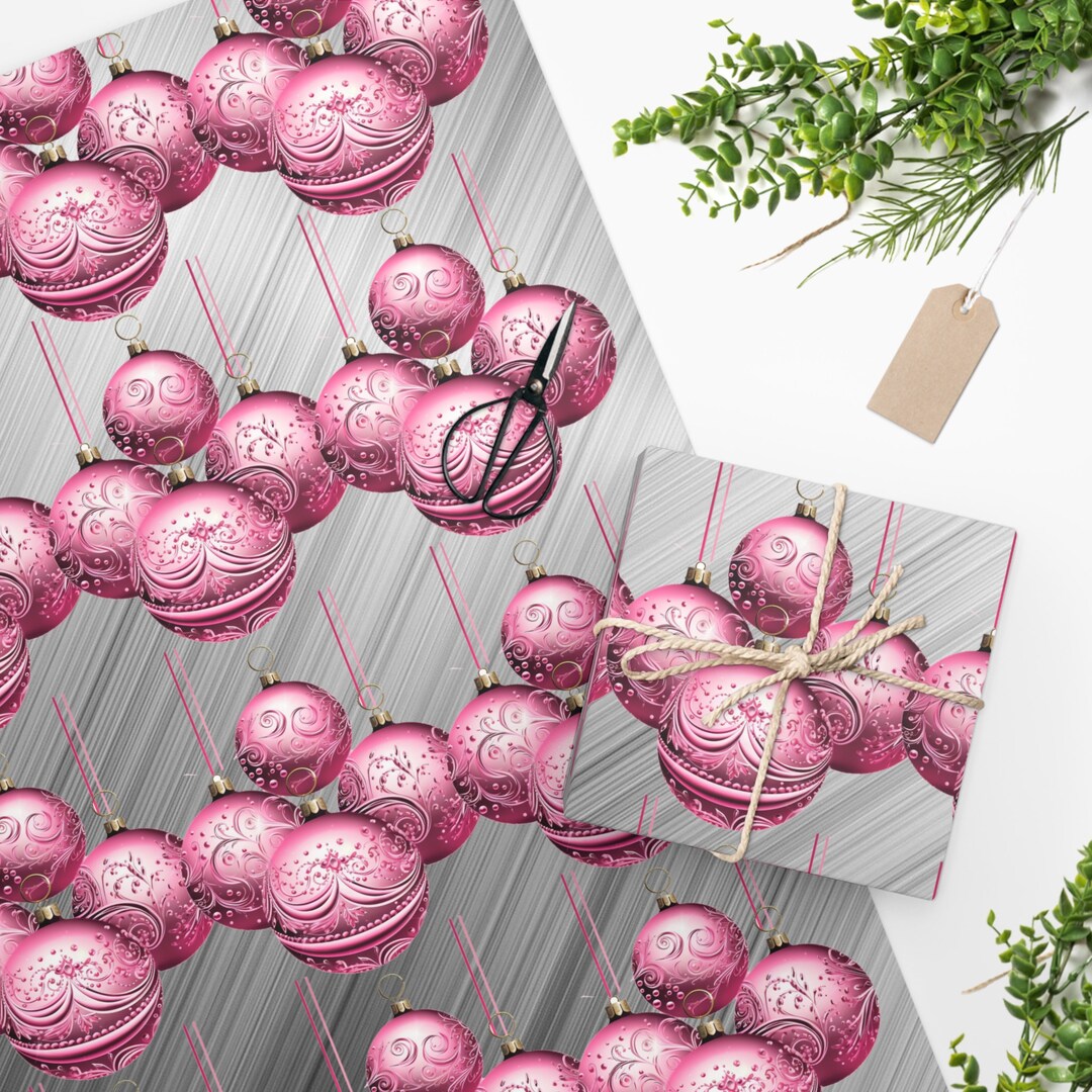 Xmas, Christmas, Silver, Pink, Bulbs, Wrapping Paper - Etsy