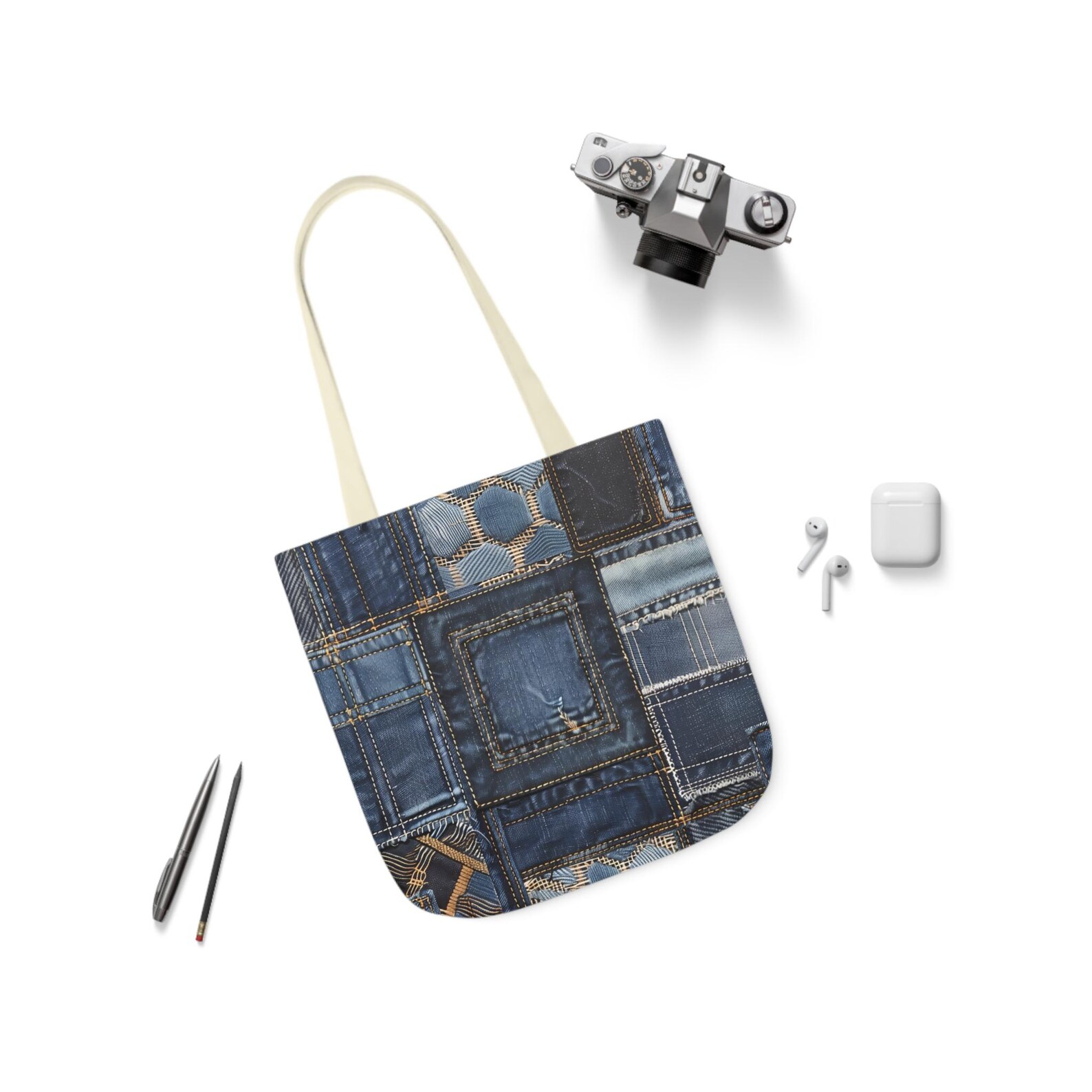 Denim Design Canvas Tote Bag, 5-color Straps - Etsy