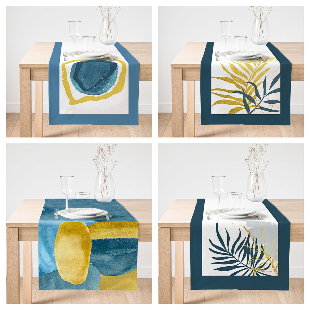Blue Abstract Table Runnerfloral Leaf Dining Room Table - Etsy