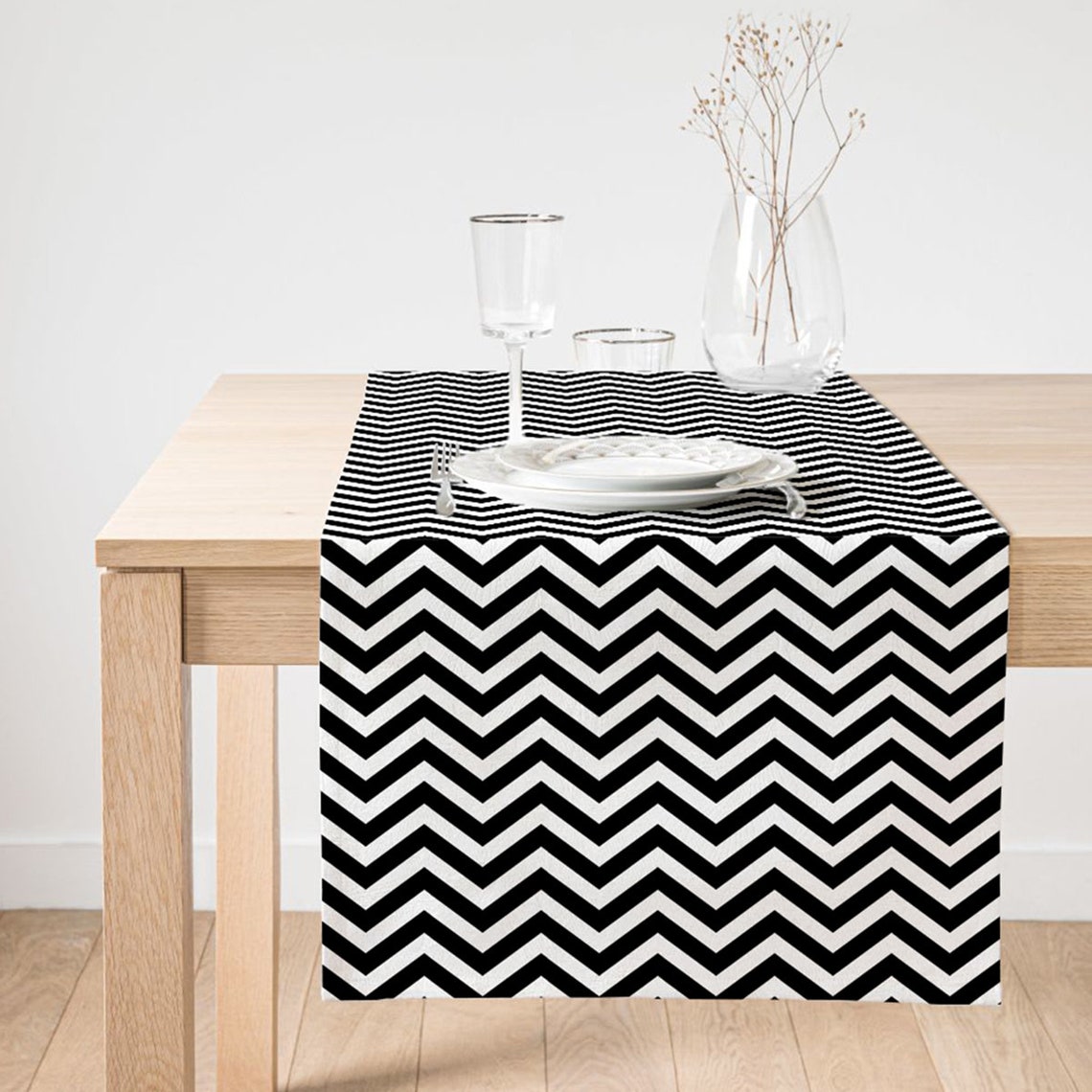 Black Zigzag Table Runner,geometric Dining Room Table Cloth,black and White Kitchen Table Top ...