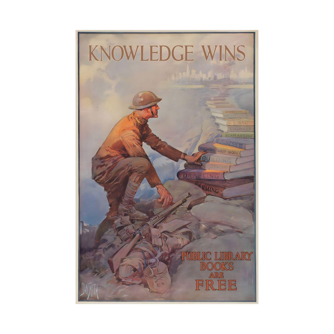 Knowledge Wins Poster, WWII Public Library Propaganda Print, Vintage ...