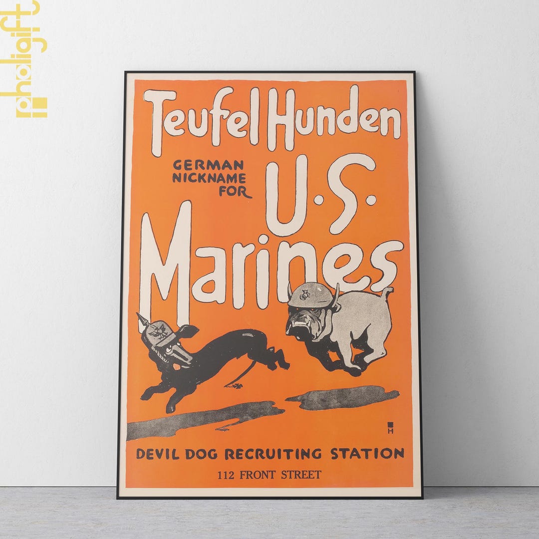 Vintage Teufel Hunden US Marines WWI Poster, Devil Dogs Propaganda Art ...