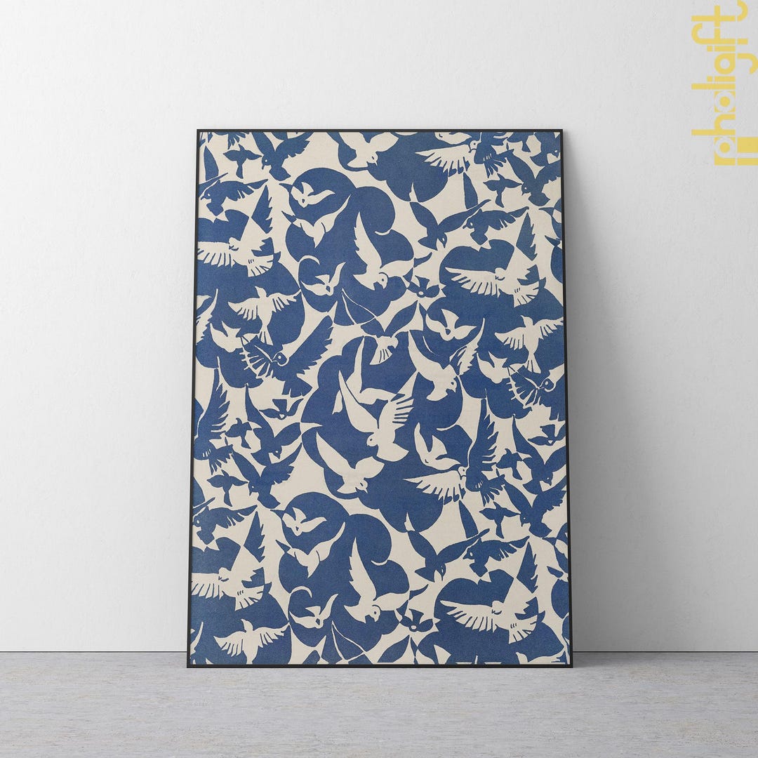 Pigeons in White and Blue Pattern Printable Wall Art, Vintage Botanical ...