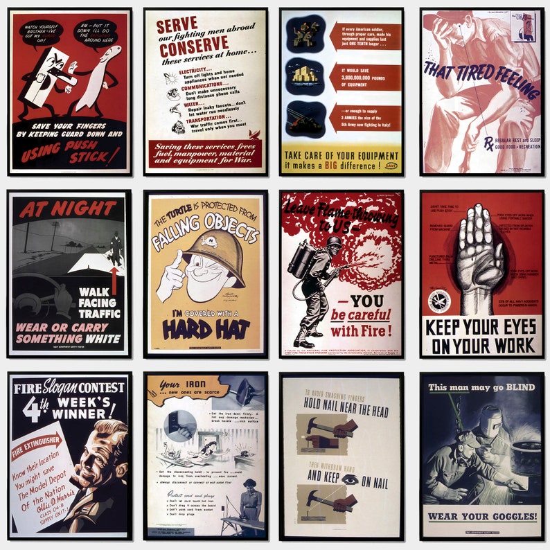 58 HQ Vintage Work Safety Poster Bundle, Printable 1940s World War ...