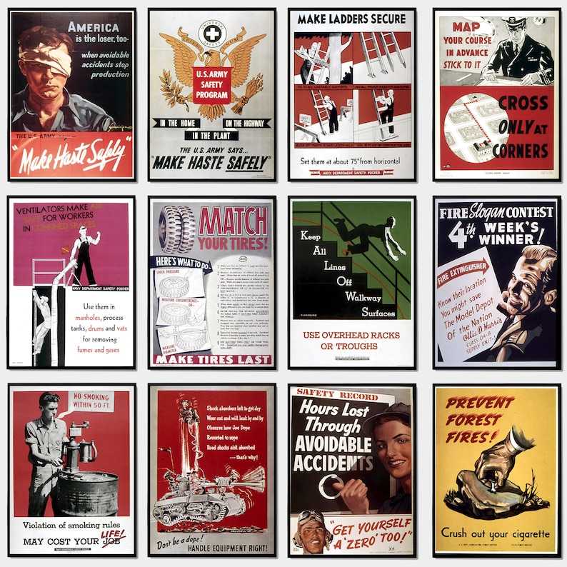 58 HQ Vintage Work Safety Poster Bundle, Printable 1940s World War ...