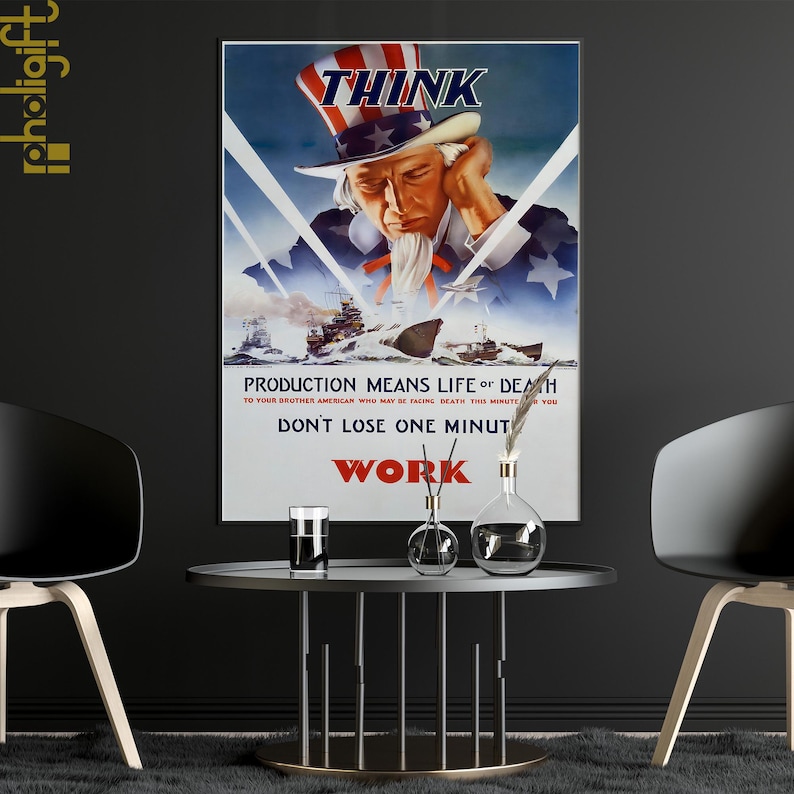 Uncle Sam WWII Poster: "think - Work" Vintage War Propaganda Art - Etsy