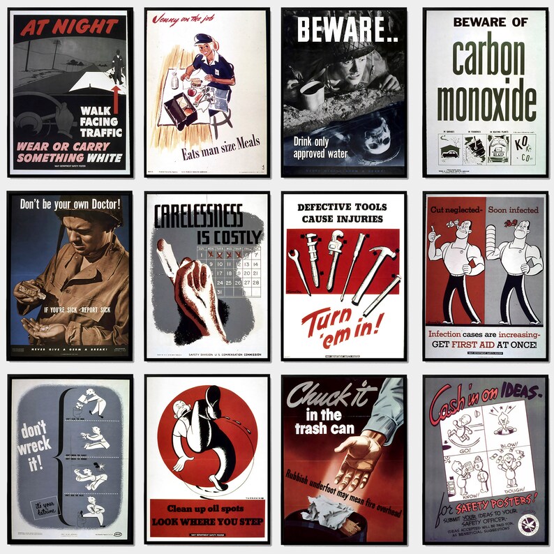 58 HQ Vintage Work Safety Poster Bundle, Printable 1940s World War ...