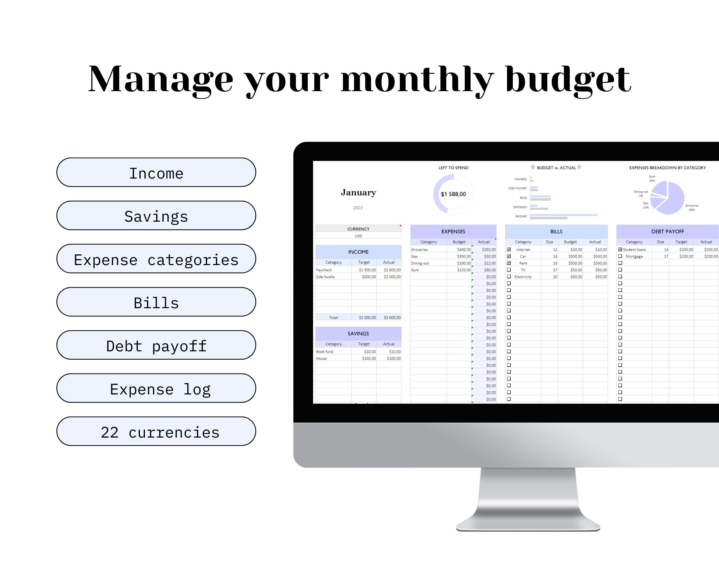 Blue Monthly Budget Spreadsheet Excel Template, Undated Paycheck Budget ...