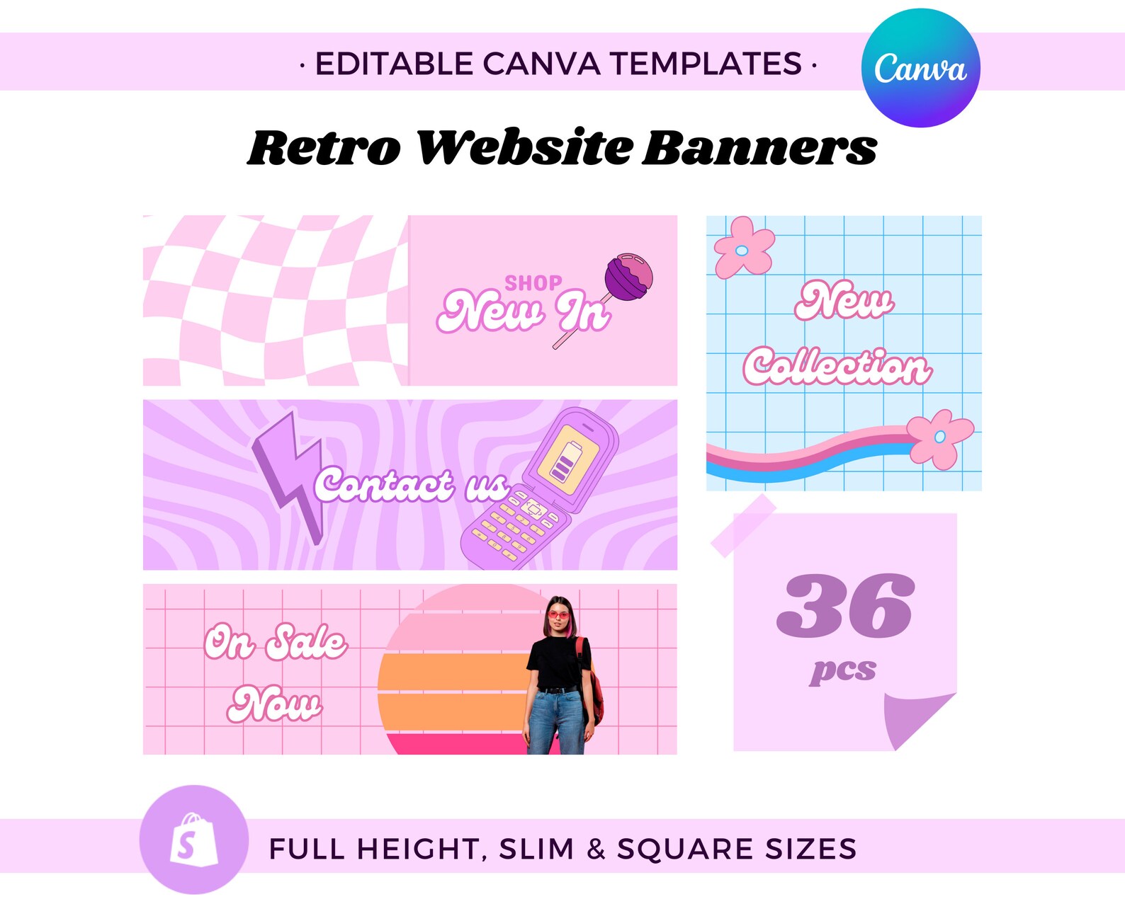 Retro Shopify Banner Templates for Canva, Pink Groovy Website Banner ...