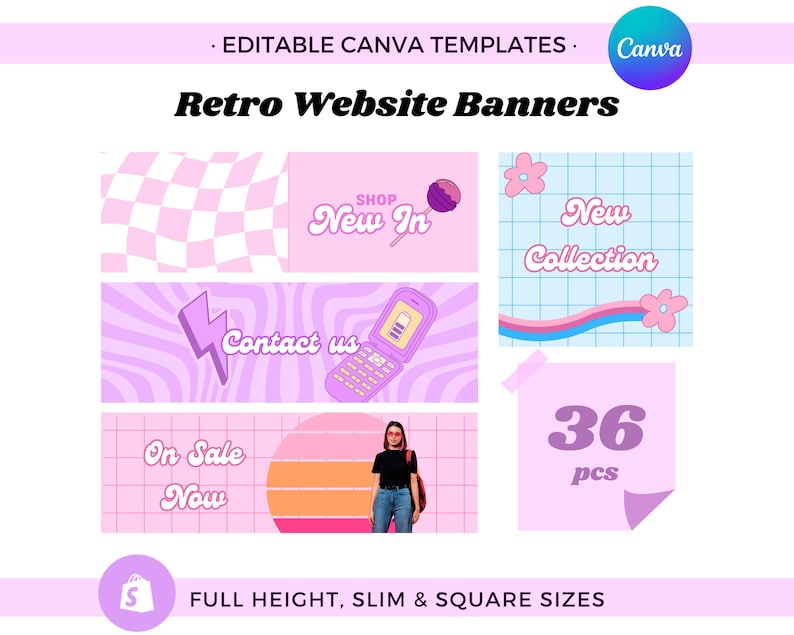 Retro Shopify Banner Templates for Canva, Pink Groovy Website Banner ...