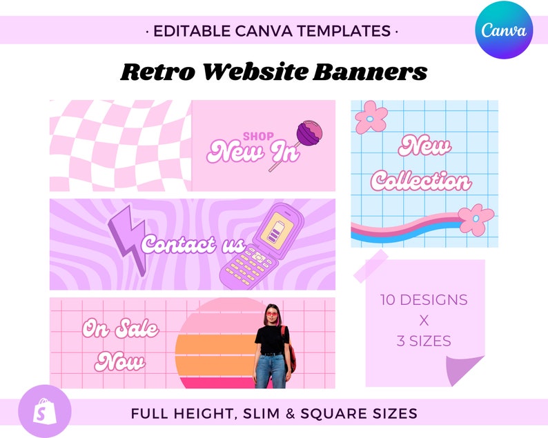 Retro Shopify Banner Templates for Canva Pink Groovy Website - Etsy