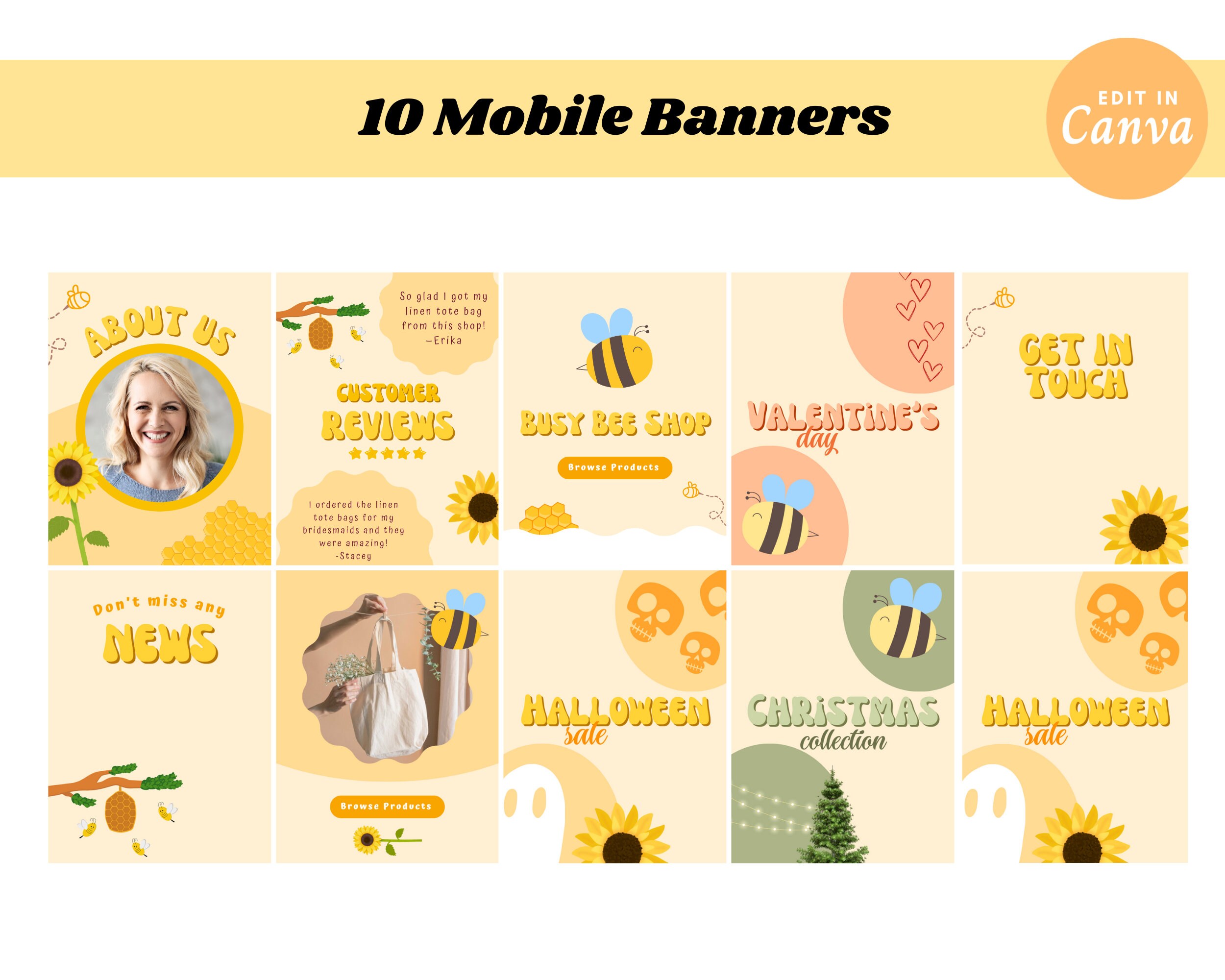 Honey Bee Website Branding Bundle, Pastel Digital Banner Design, Cute ...