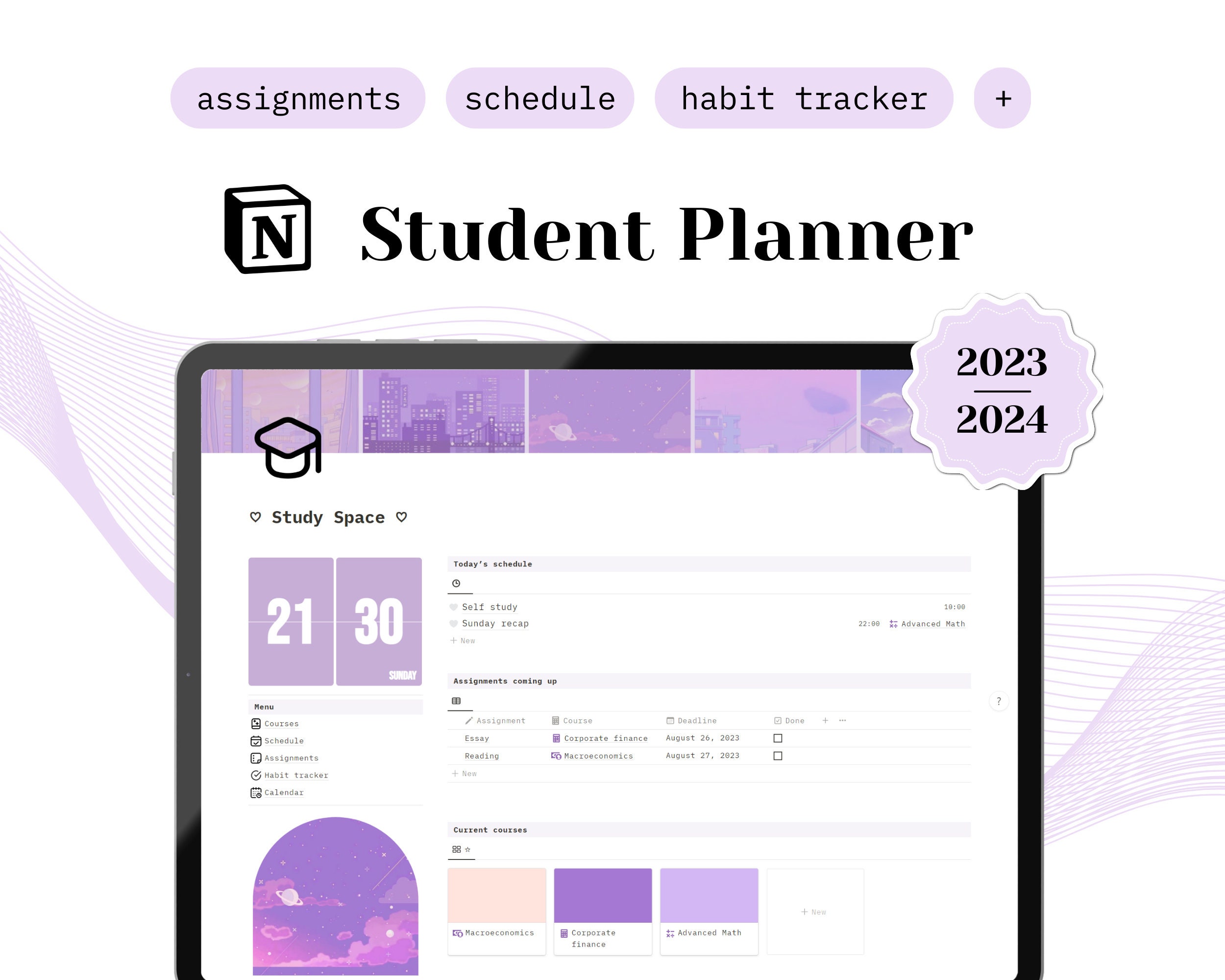 Student Planner Notion Template 2023 2024, Purple Violet Aesthetic ...