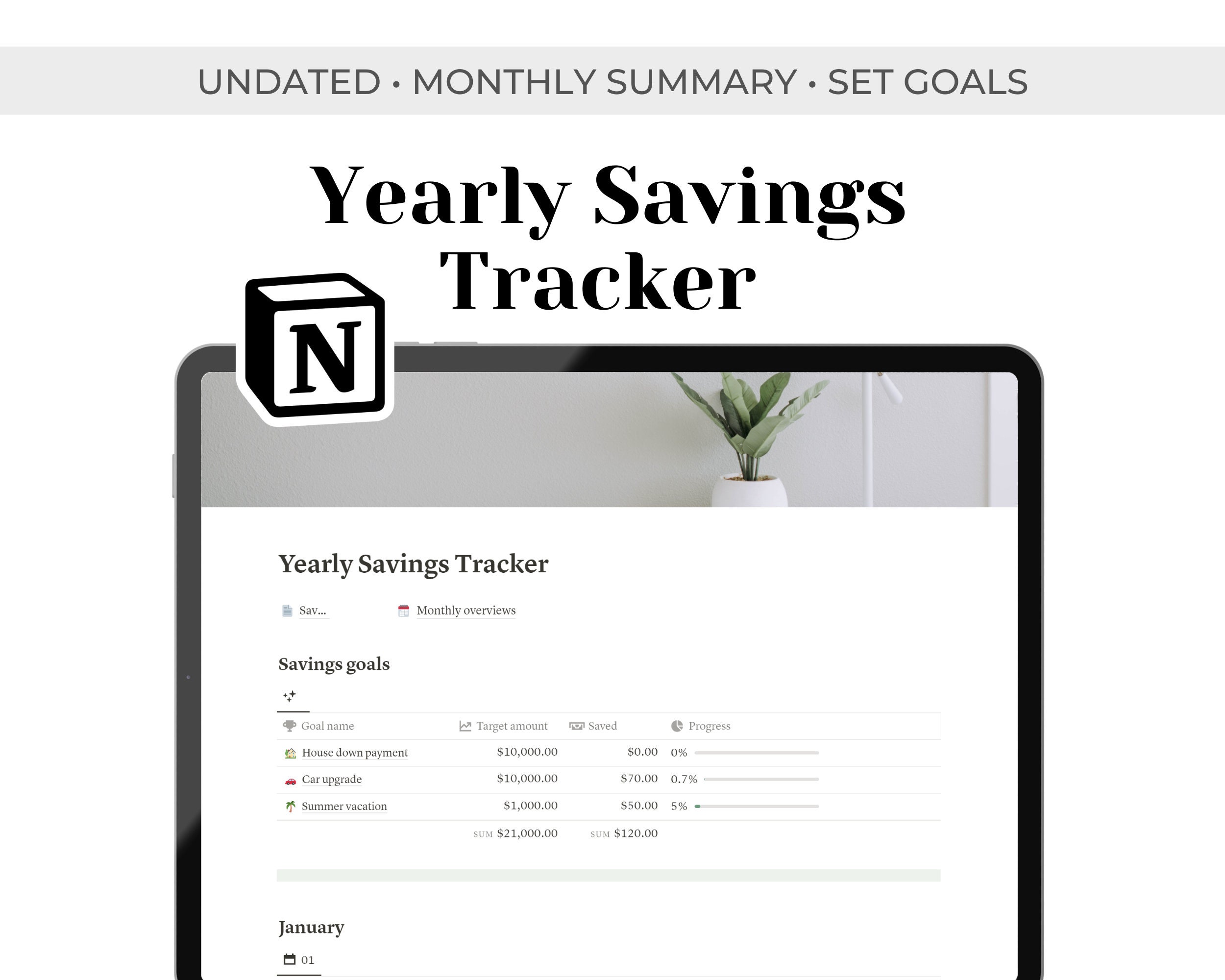 Yearly Savings Tracker Notion Template, Undated Aesthetic Dashboard, Saving Money Challenge ...