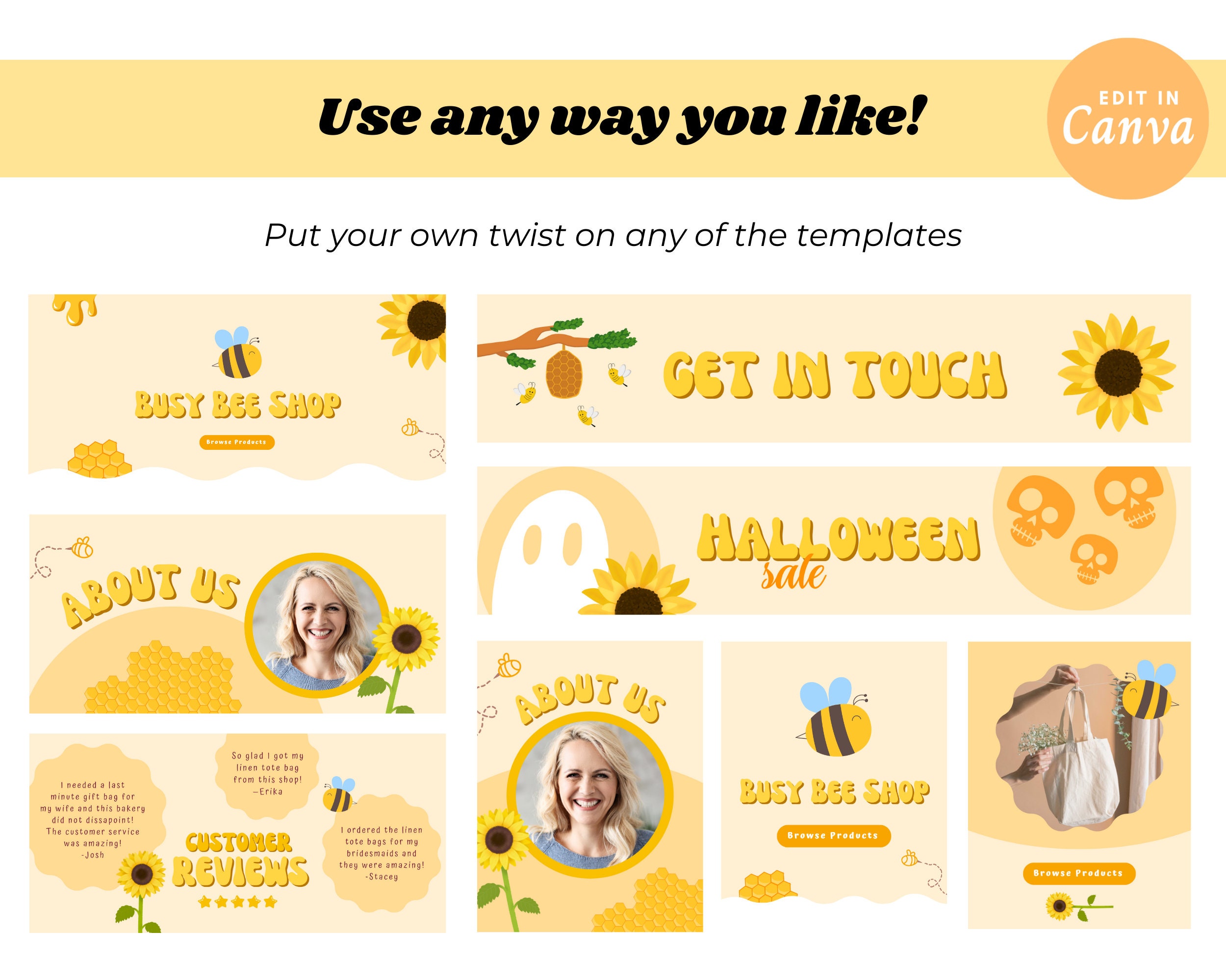 Honey Bee Website Branding Bundle, Pastel Digital Banner Design, Cute ...