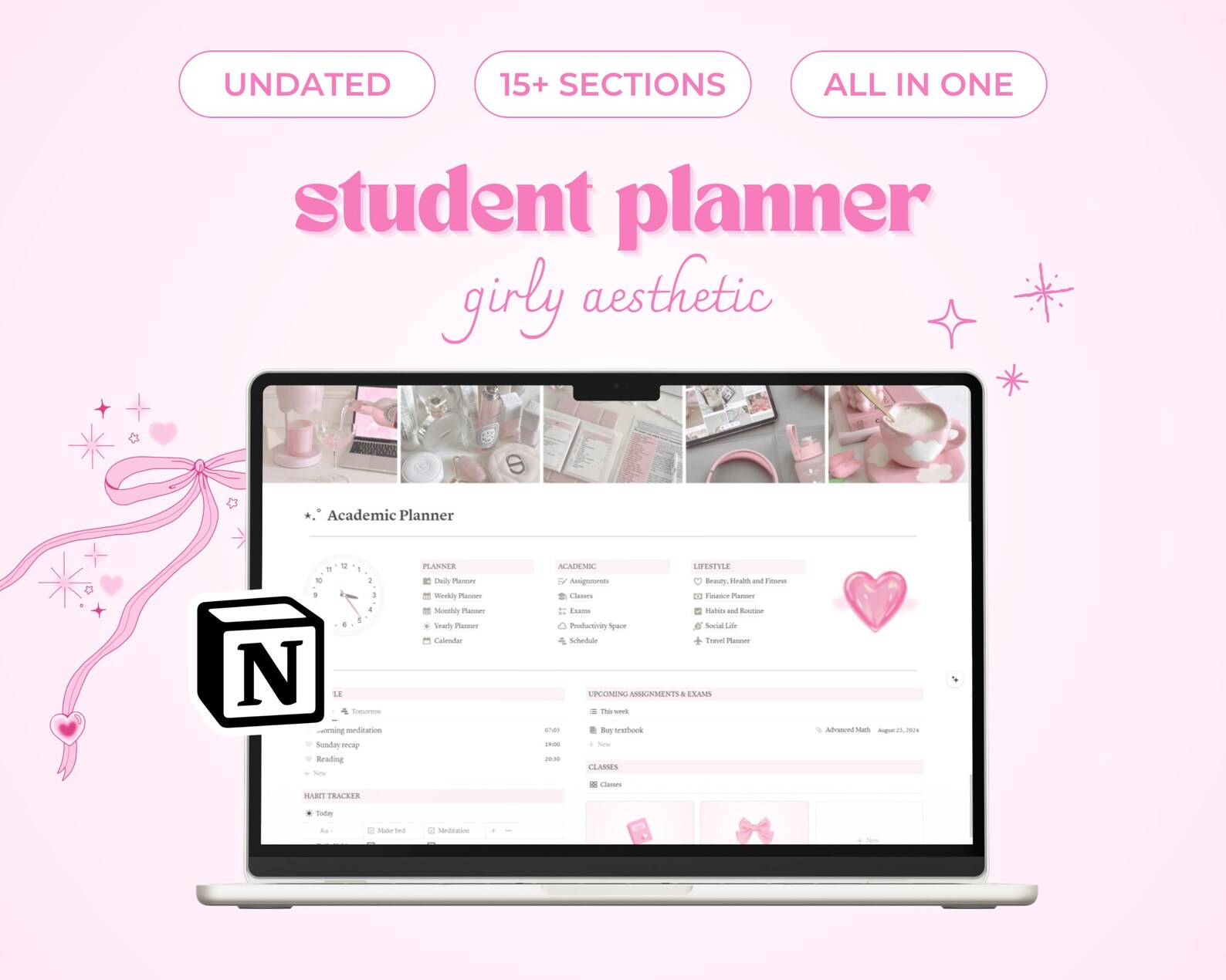 Pink Notion Student Planner Template, Cute Notion Academic Daily ...